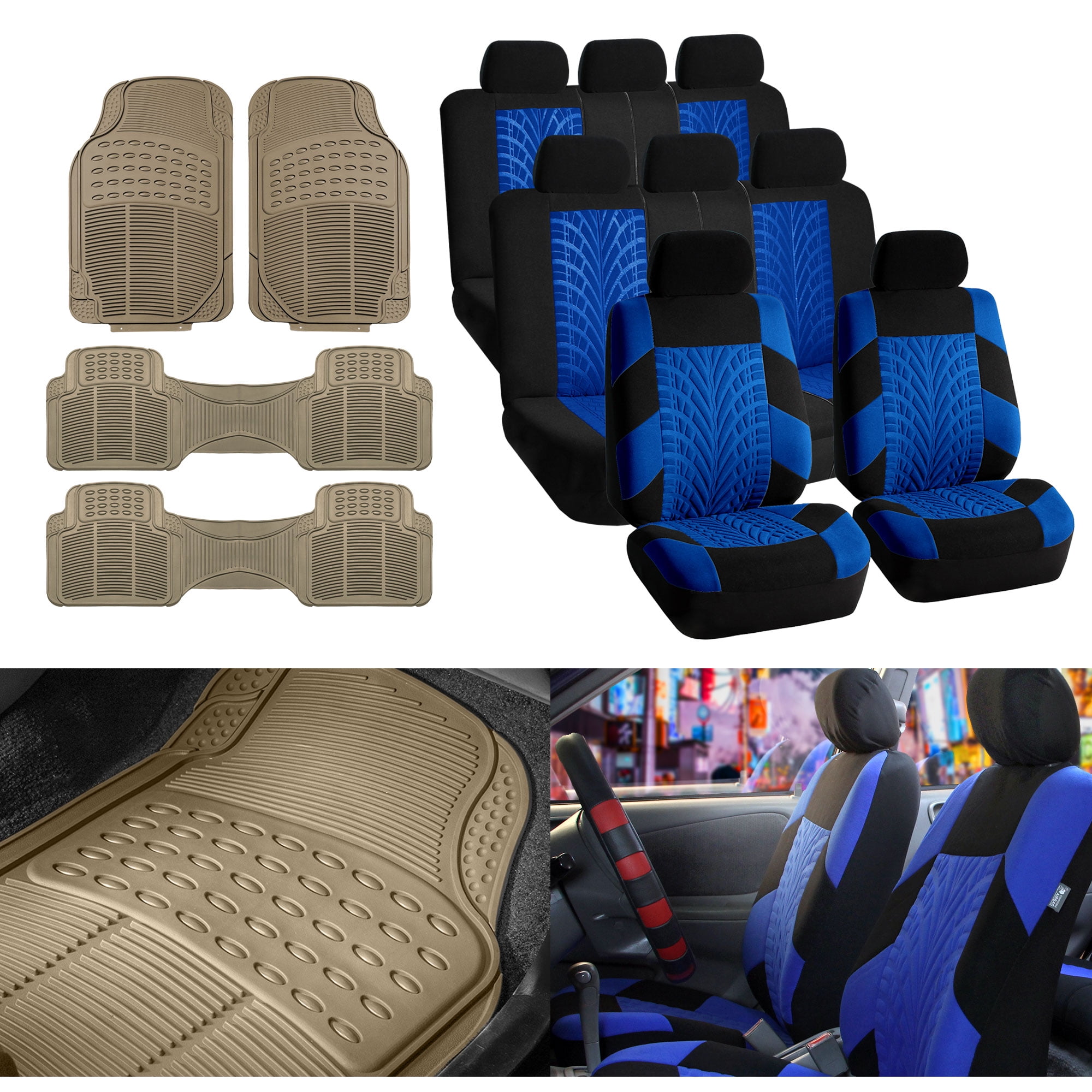 FH Group 3 Row 8 Seater Blue/Black Car Seat Covers w/ Beige Floor Mats ...