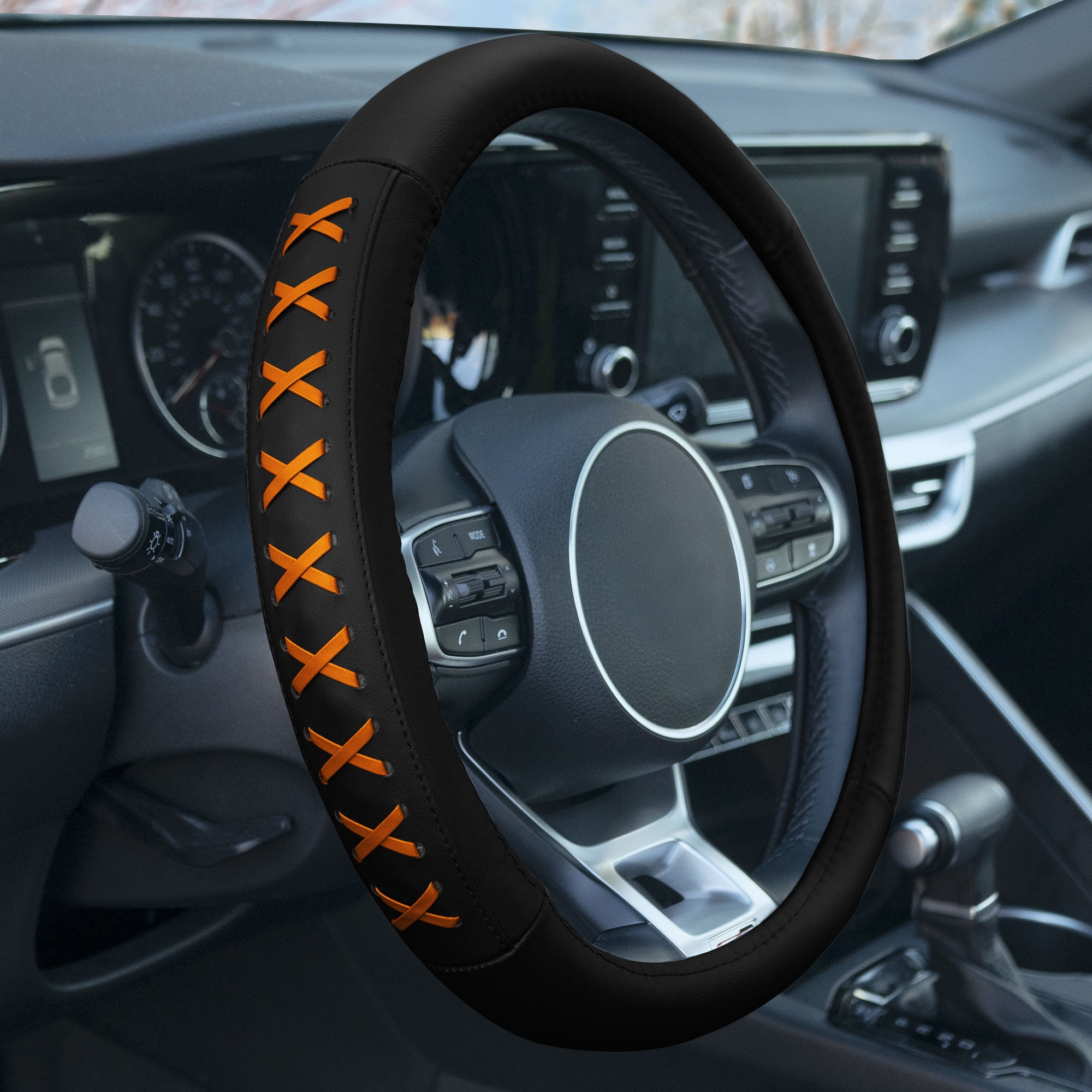 FH Group Genuine Leather Lace-Up Steering Wheel Cover - Orange ...