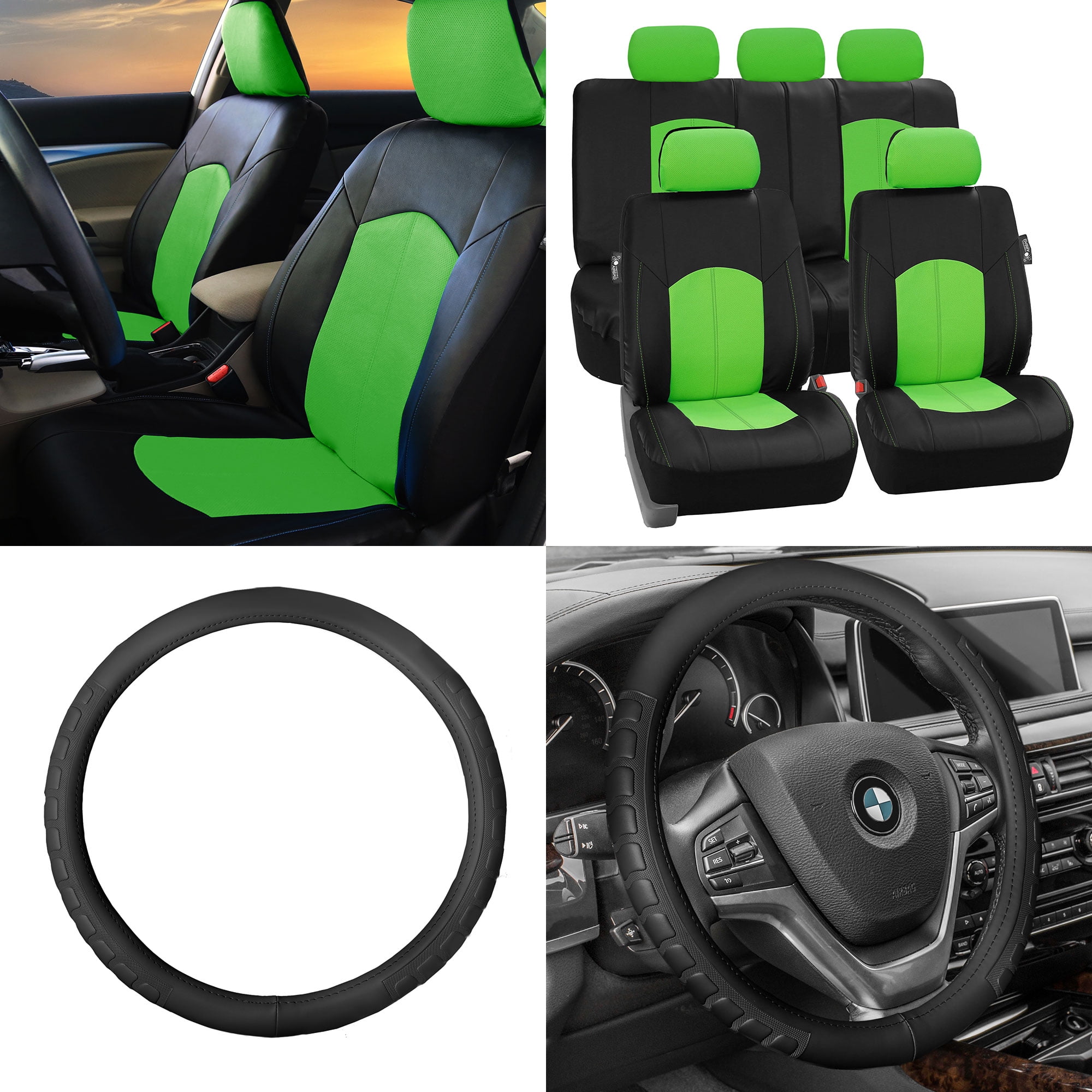 FH Group Perforated Leather Seat Covers for Auto Car Sedan SUV Full Set with Leather Steering Wheel Cover 8 Colors Walmart