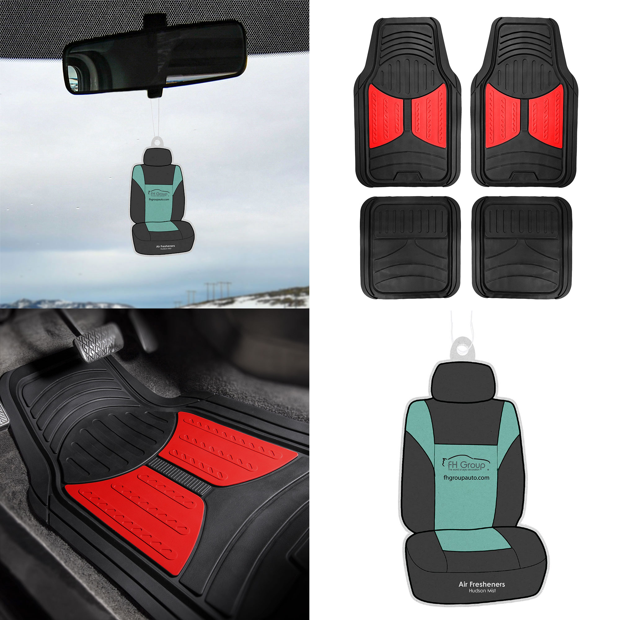 FH Group Universal Fit 4-Piece Full Set Floor Mats 2 Tone Red Black w ...