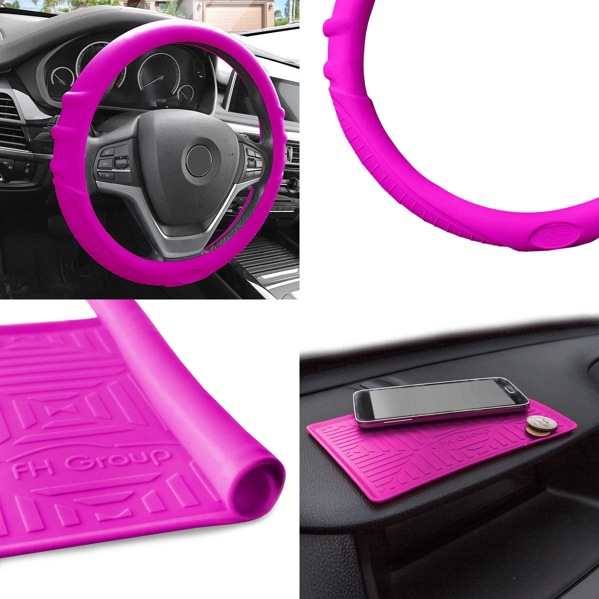 FH Group Universal Fit Silicone Steering Wheel Cover Grip Marks w Pink Dash Mat Pink for Auto Fh3003pink fh3011pink Size Fits 14.5 15.5 Steering