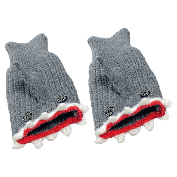 FHBVT Cute Shark Half-Finger Winter Gloves Warm Knit Mittens Thermal ...