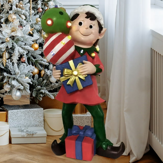 FHF 30" Elf Figurine Holding Presents with Multicolor LED Lights ...