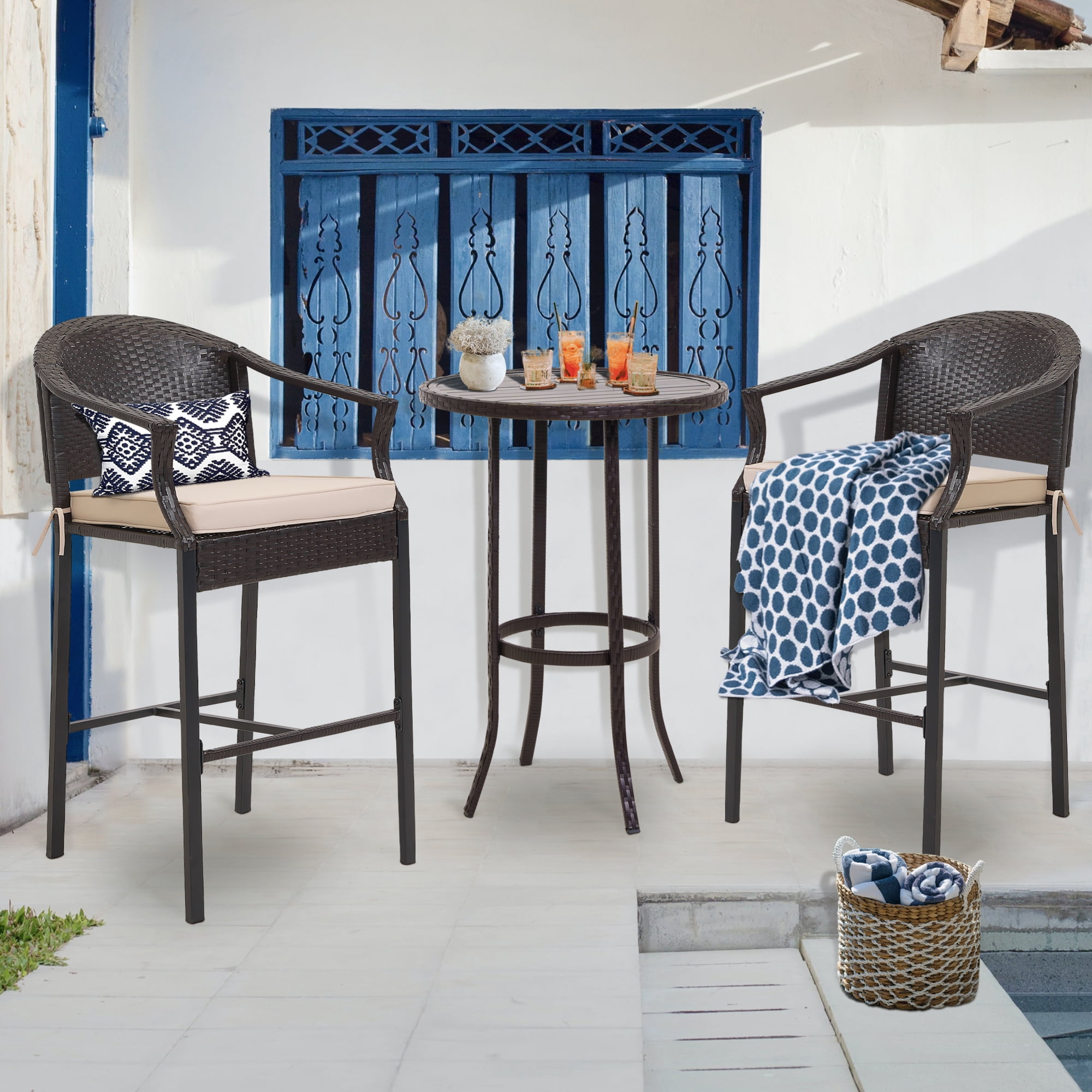 FHFO 3-Piece High Top Patio Bar Set, Rattan Table & Chairs, Wicker ...
