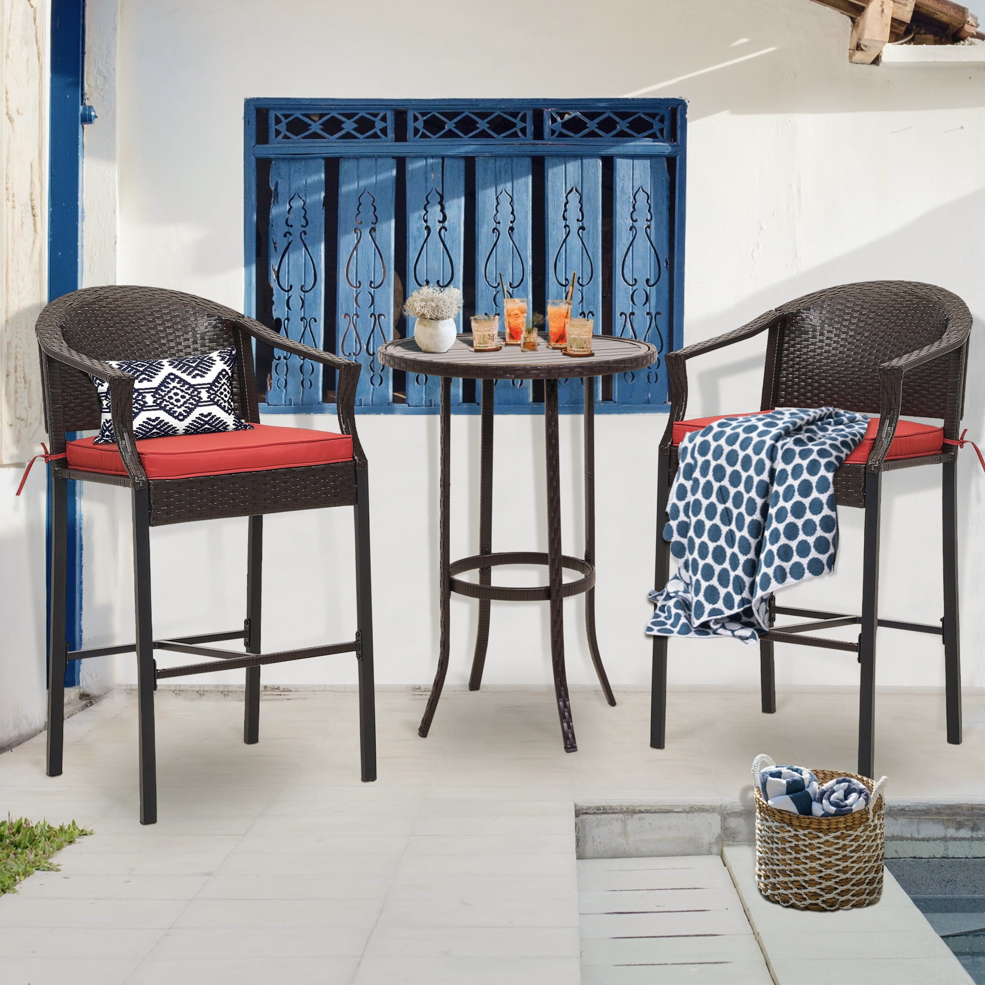 FHFO 3-Piece Patio Furniture Set, Tall Outdoor Rattan Wicker Bar Stools ...