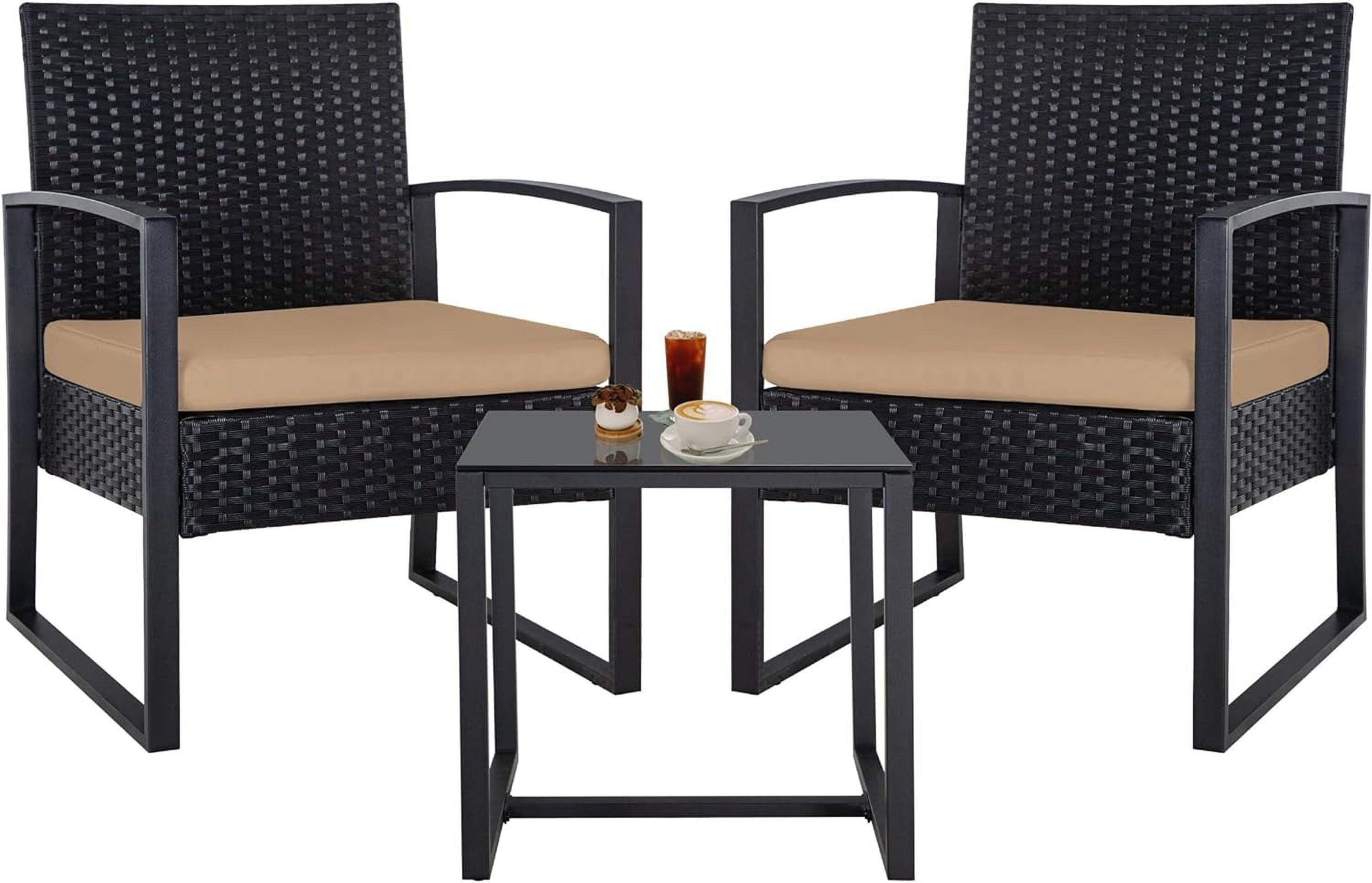 FHFO 3-Piece Patio Wicker Bistro Set with 2 Chairs, Cushions, and Glass ...
