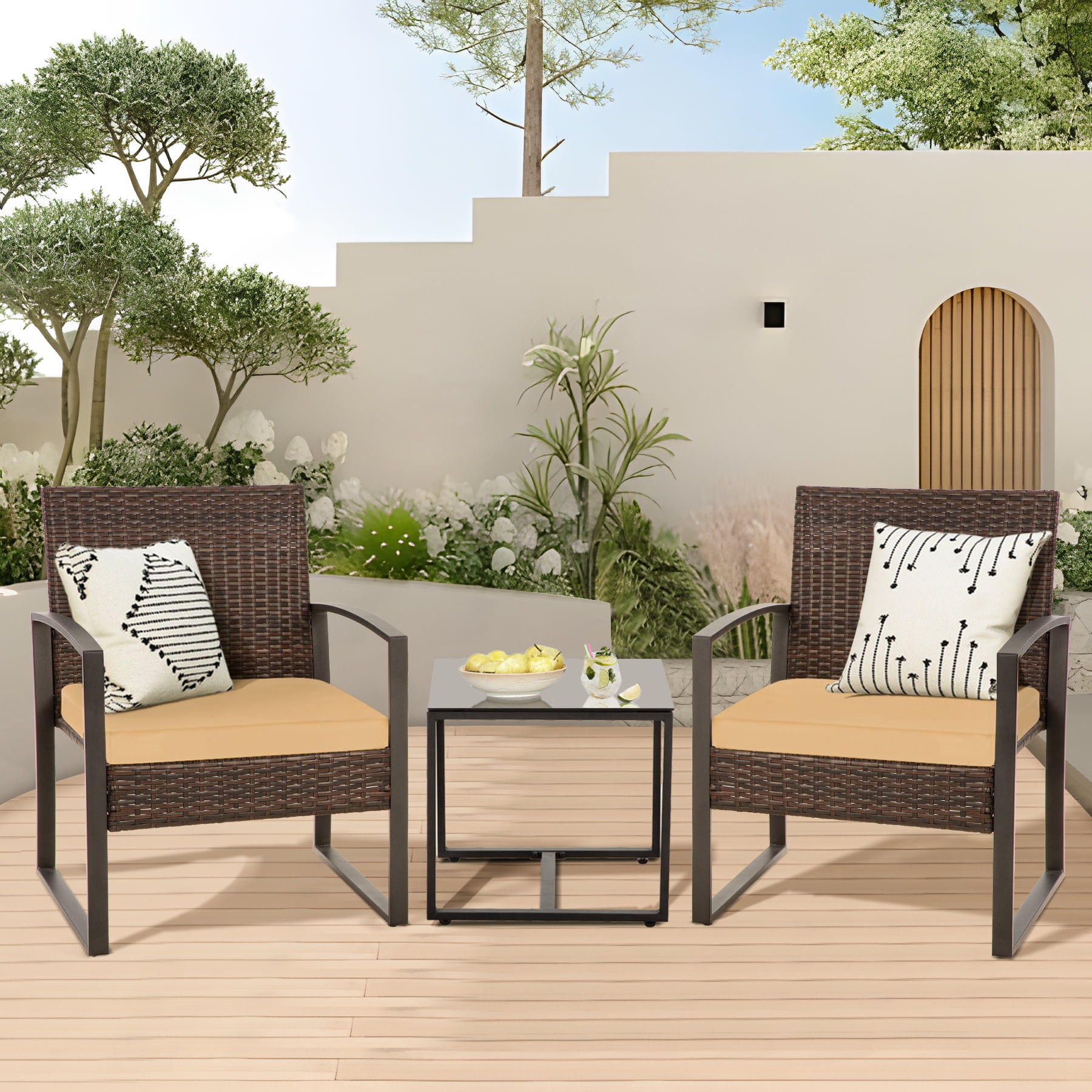 FHFO 3-Piece Patio Set: Wicker Bistro Set with 2 Chairs, Cushions ...