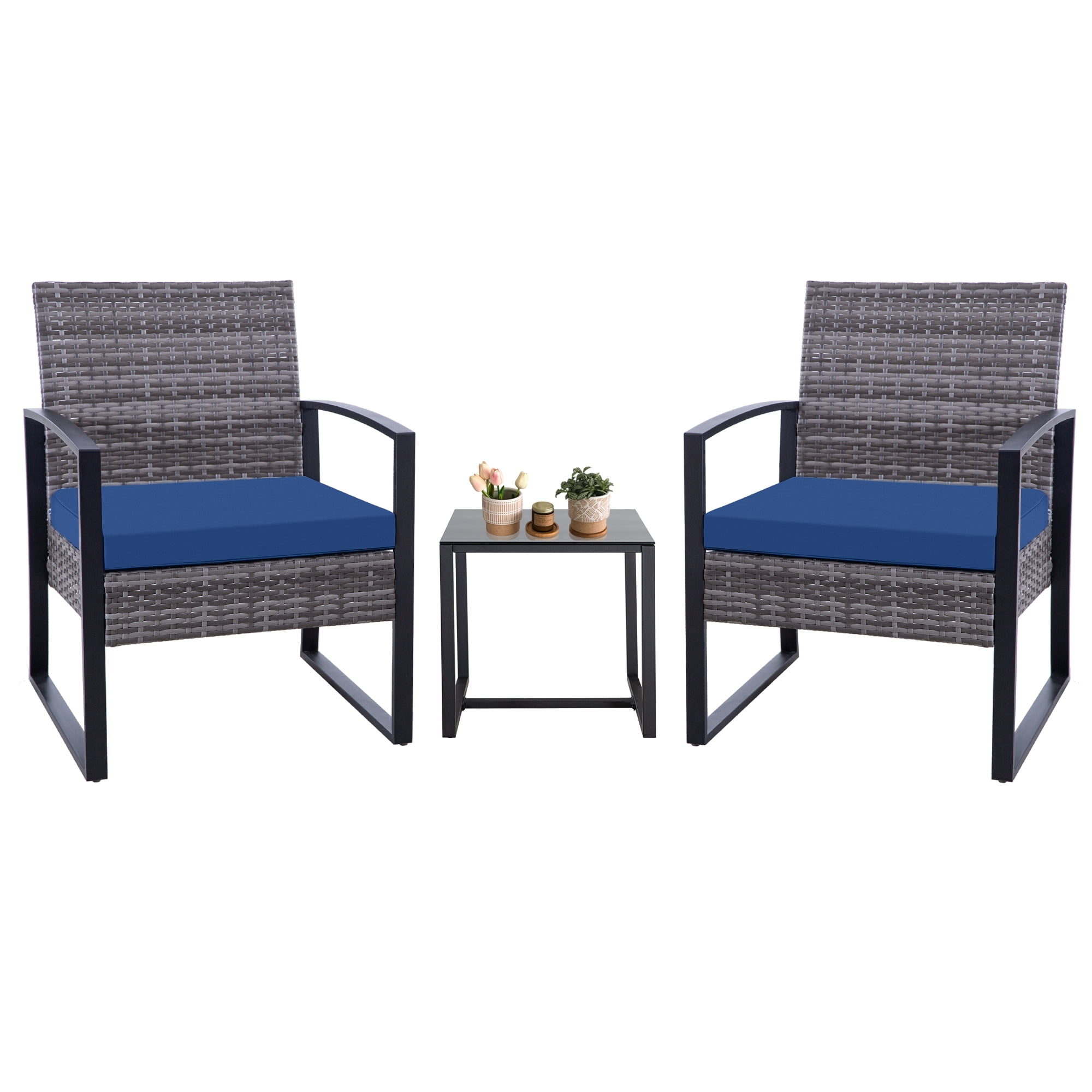 FHFO 3pc Patio Set, Outdoor Wicker Bistro Set with Chairs, Cushions ...