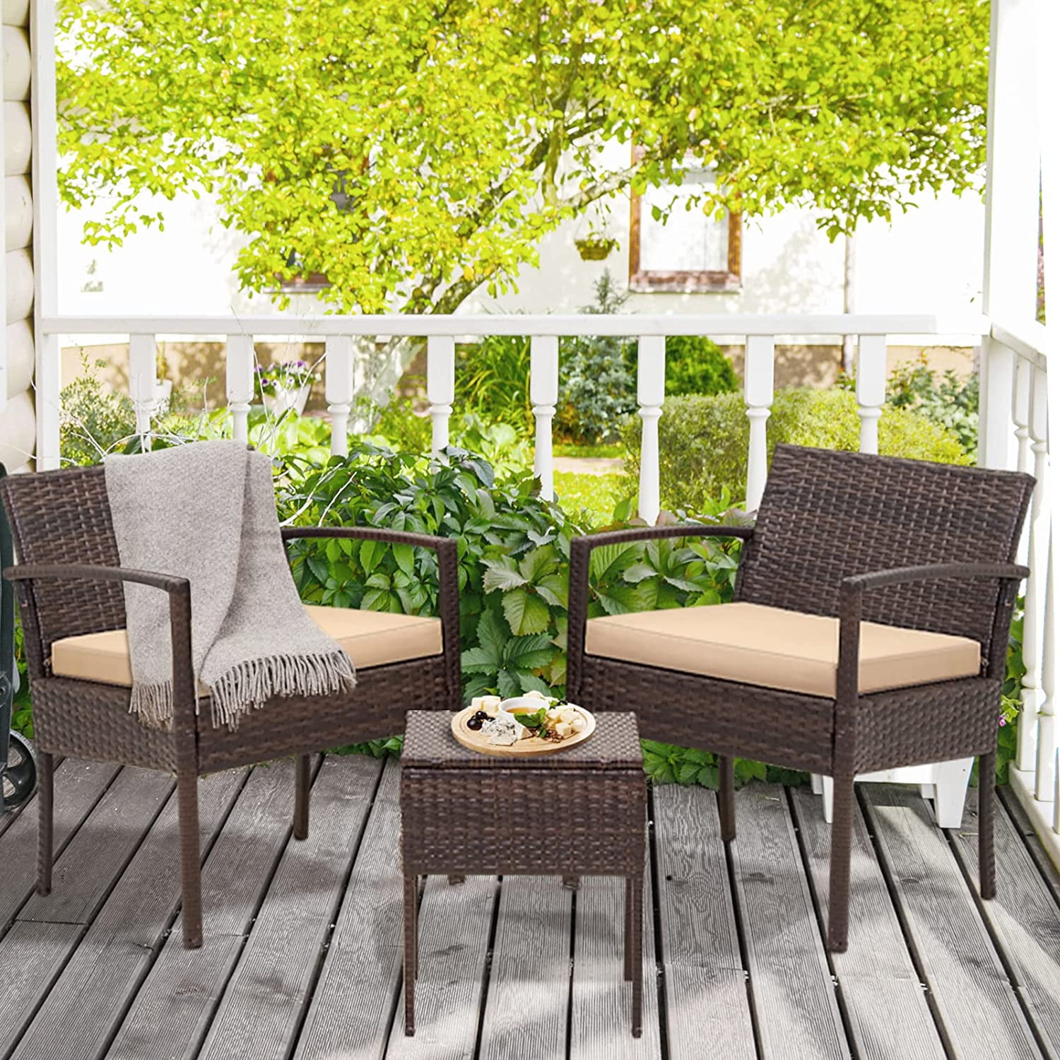 FHFO 3-Piece Outdoor Furniture Set, Wicker Rattan Patio Bistro Set with ...