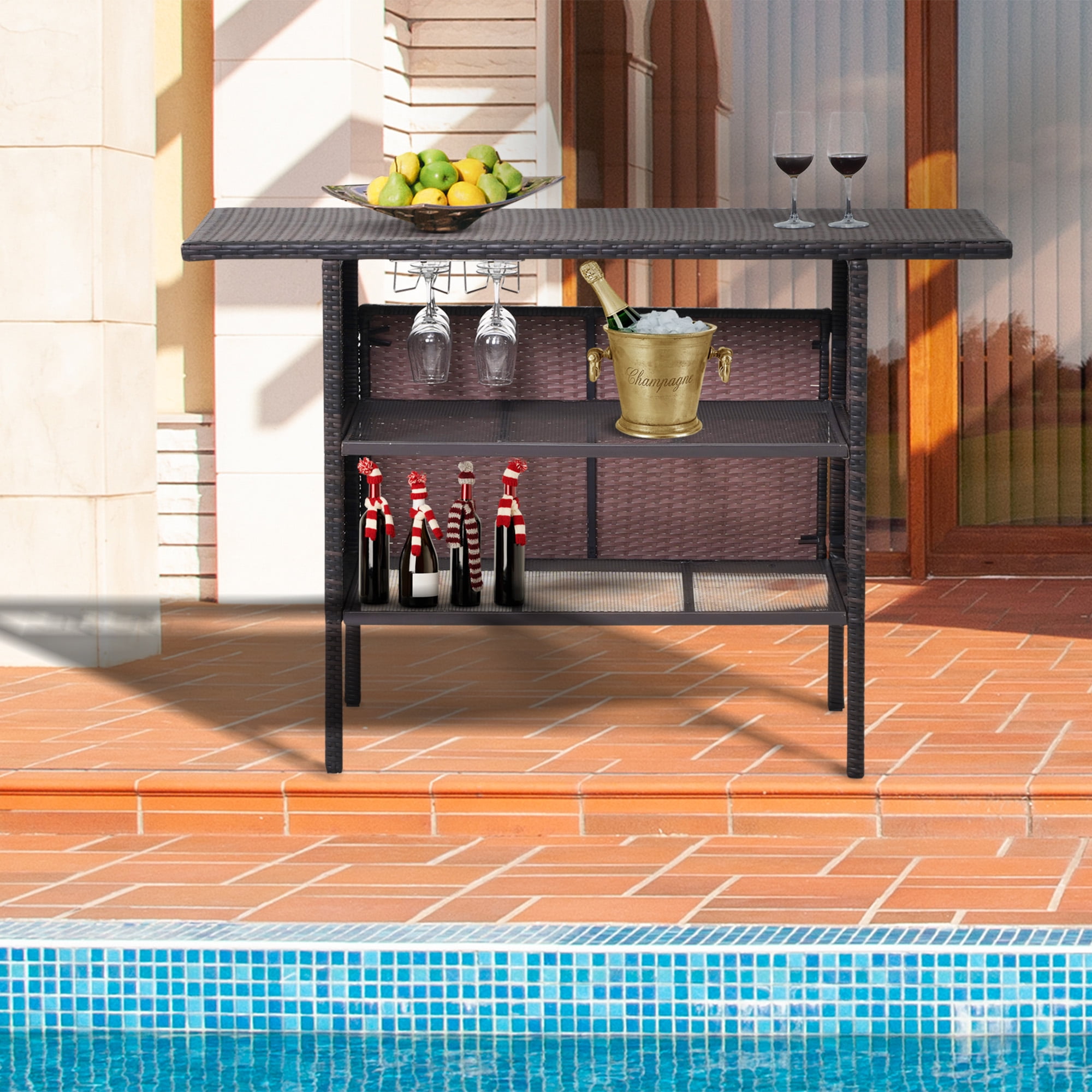 FHFO Outdoor Patio Wicker Bar, Rattan Counter Table with 2 Storage ...
