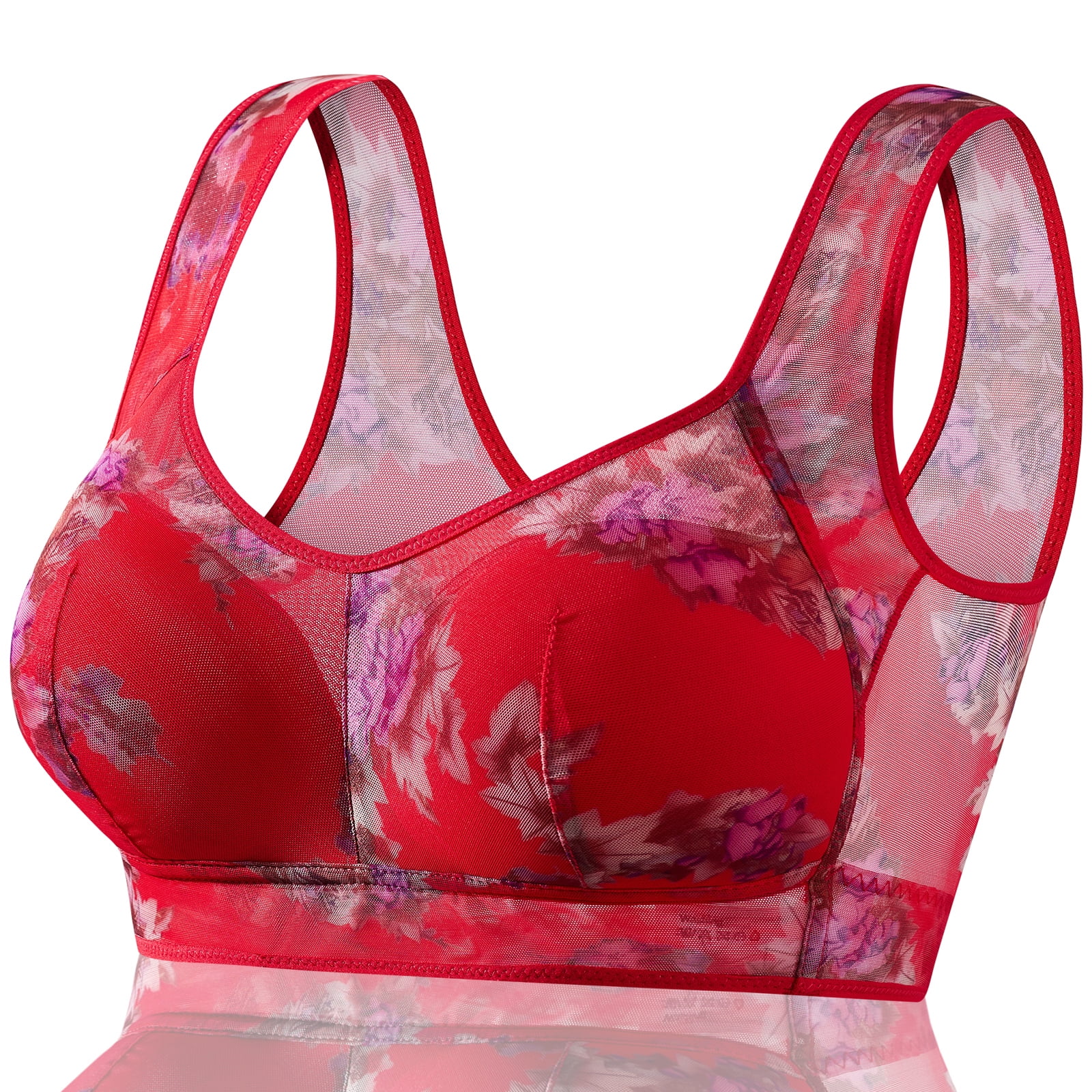 FHTECO Floral Bras for Older Women Breathable Mesh T-Shirt No Wire Bra ...