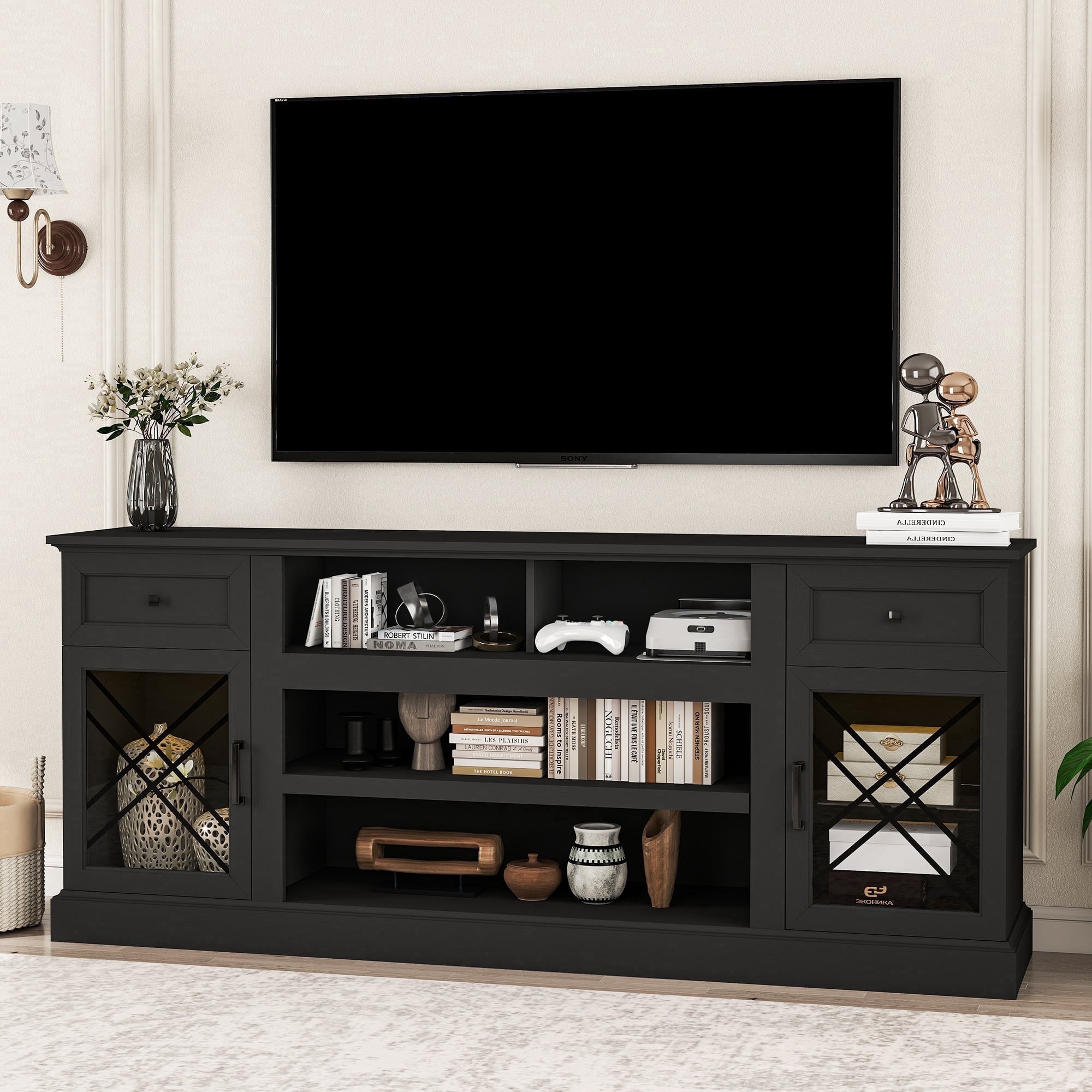 FIAKOA 70 inch Farmhouse TV Stand for 80 inch TV, Modern Entertainment ...