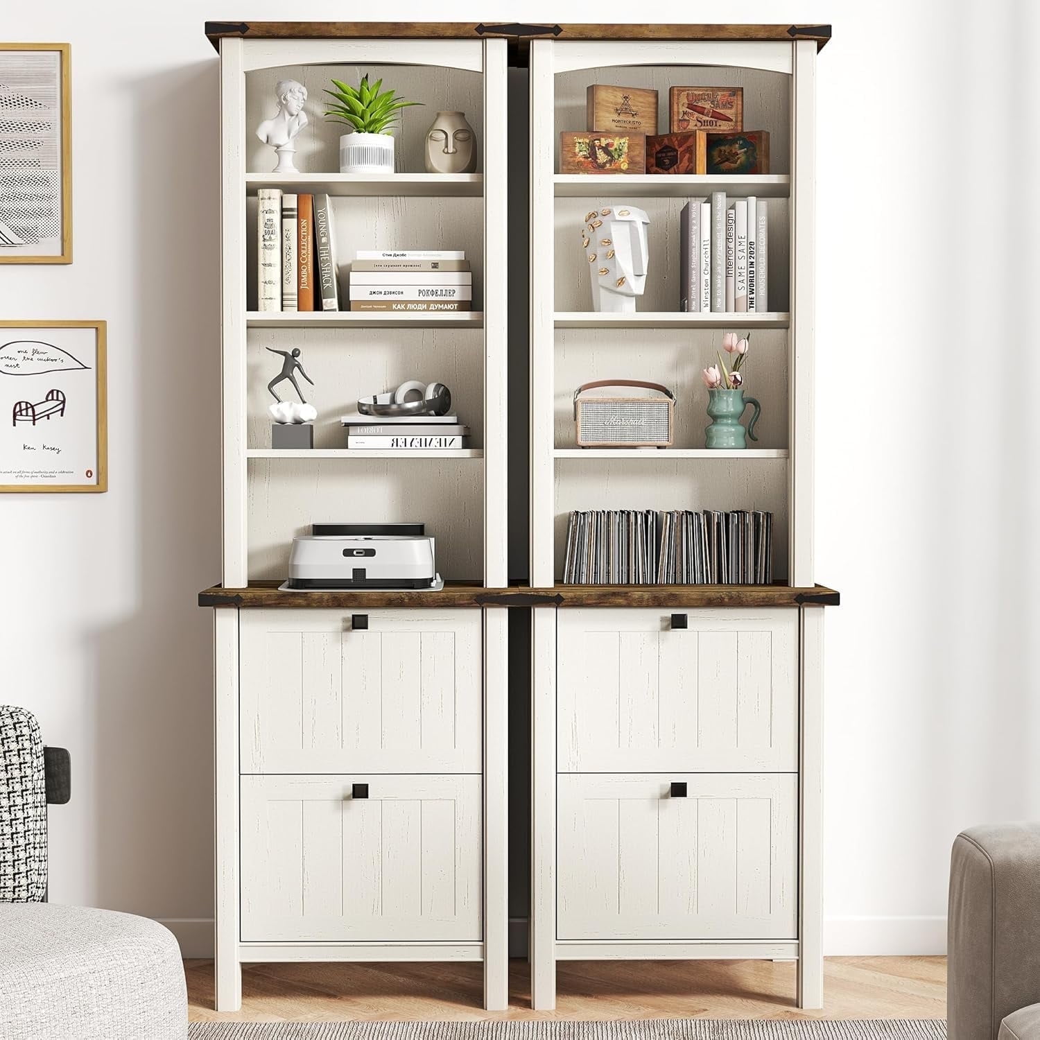 FIAKOA Bookshelf with Storage Cabinet Set of 2, 71" Tall Rustic Wood ...