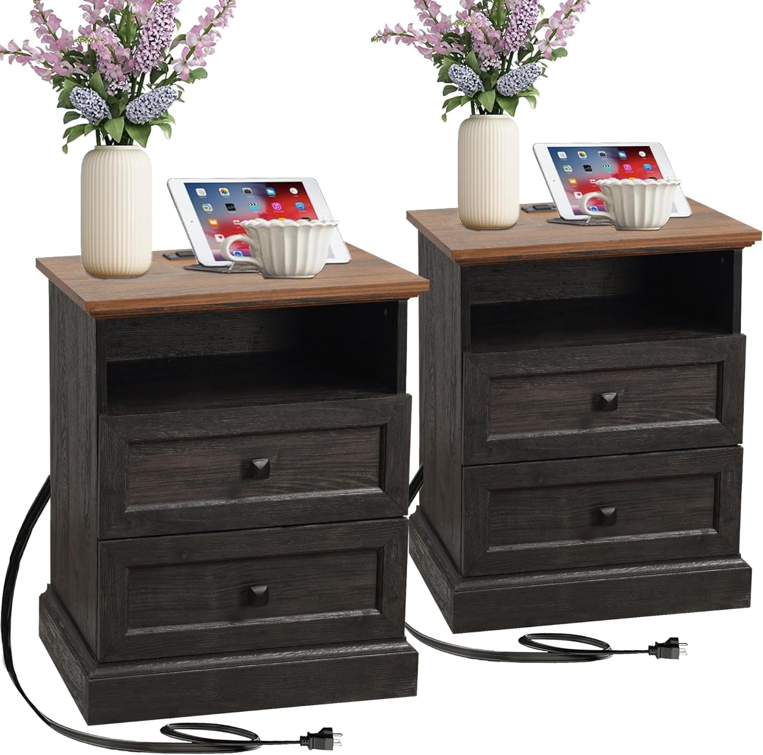 FIAKOA Night Stand Set of 2 with Charging Station,Bedside Table with 2 ...