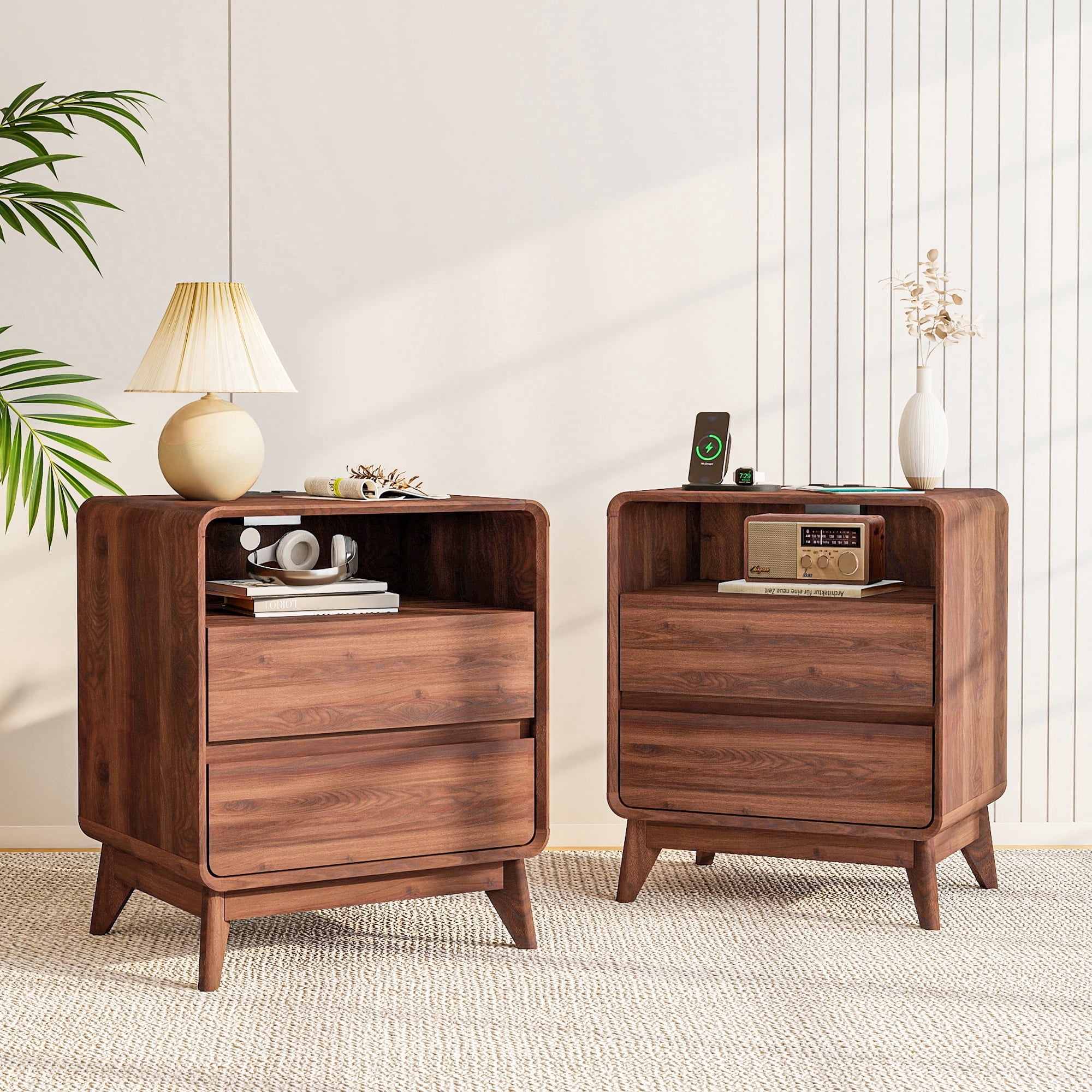 FIAKOA Nightstands Set of 2 with Charging Station, Modern Bedside ...