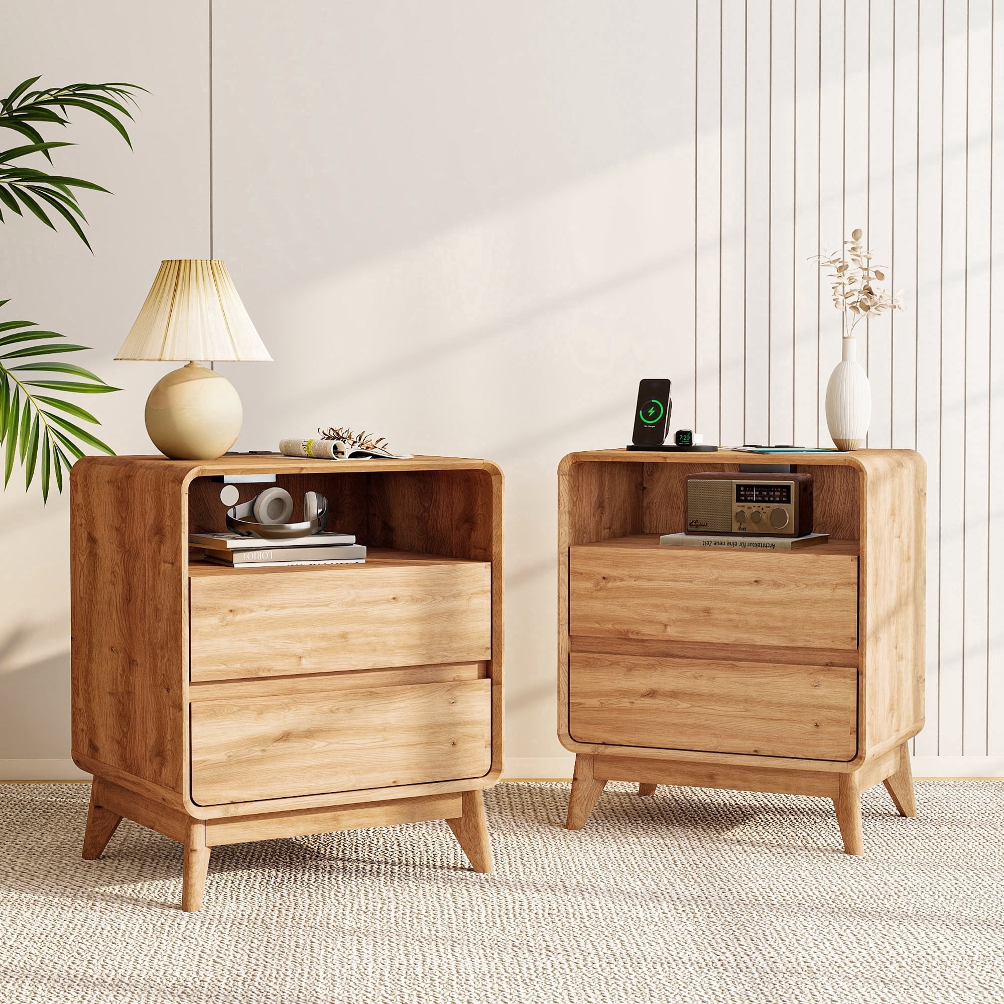 FIAKOA Nightstands Set of 2 with Charging Station, Modern Bedside ...