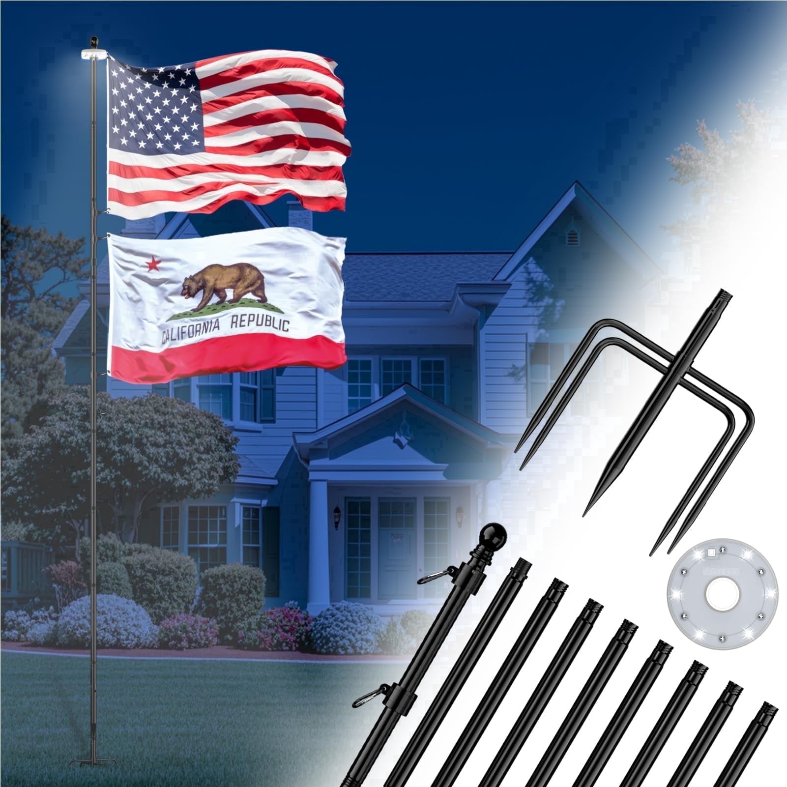 FIASON 1 Pack 12 FT Black Flag Pole,Stainless Steel Tangle Free Flag ...