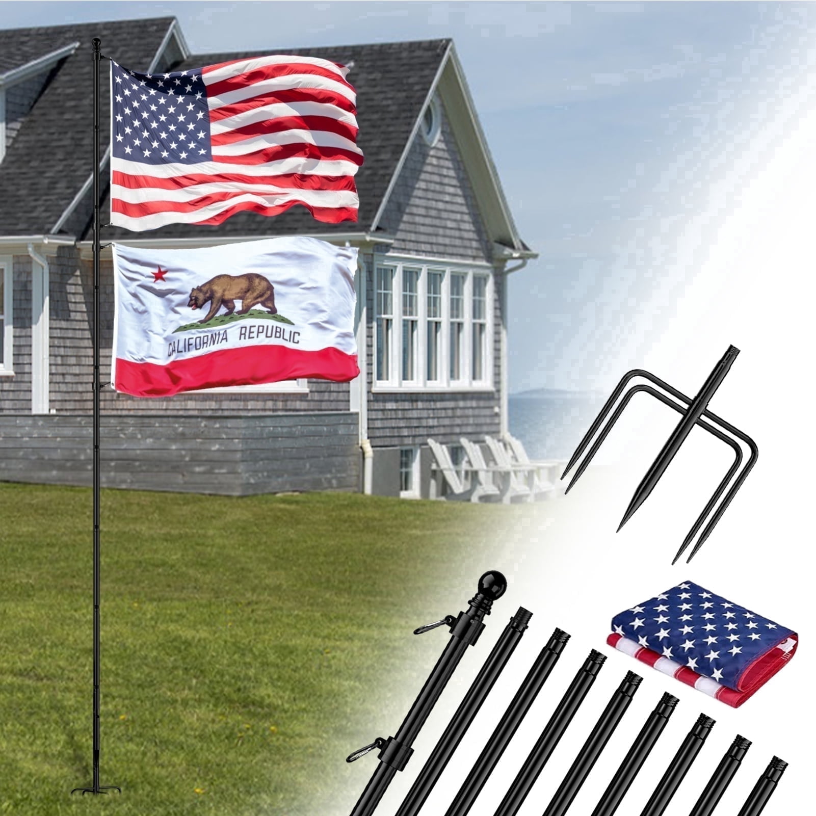 FIASON 12 FT Black Stainless Steel Tangle-Free Flag Pole Kit, Heavy ...