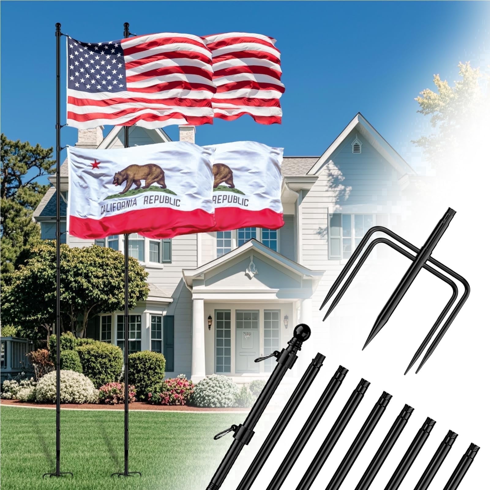 FIASON 1 Pack 12 FT Black Stainless Steel Flag Pole, Heavy Duty Tangle ...