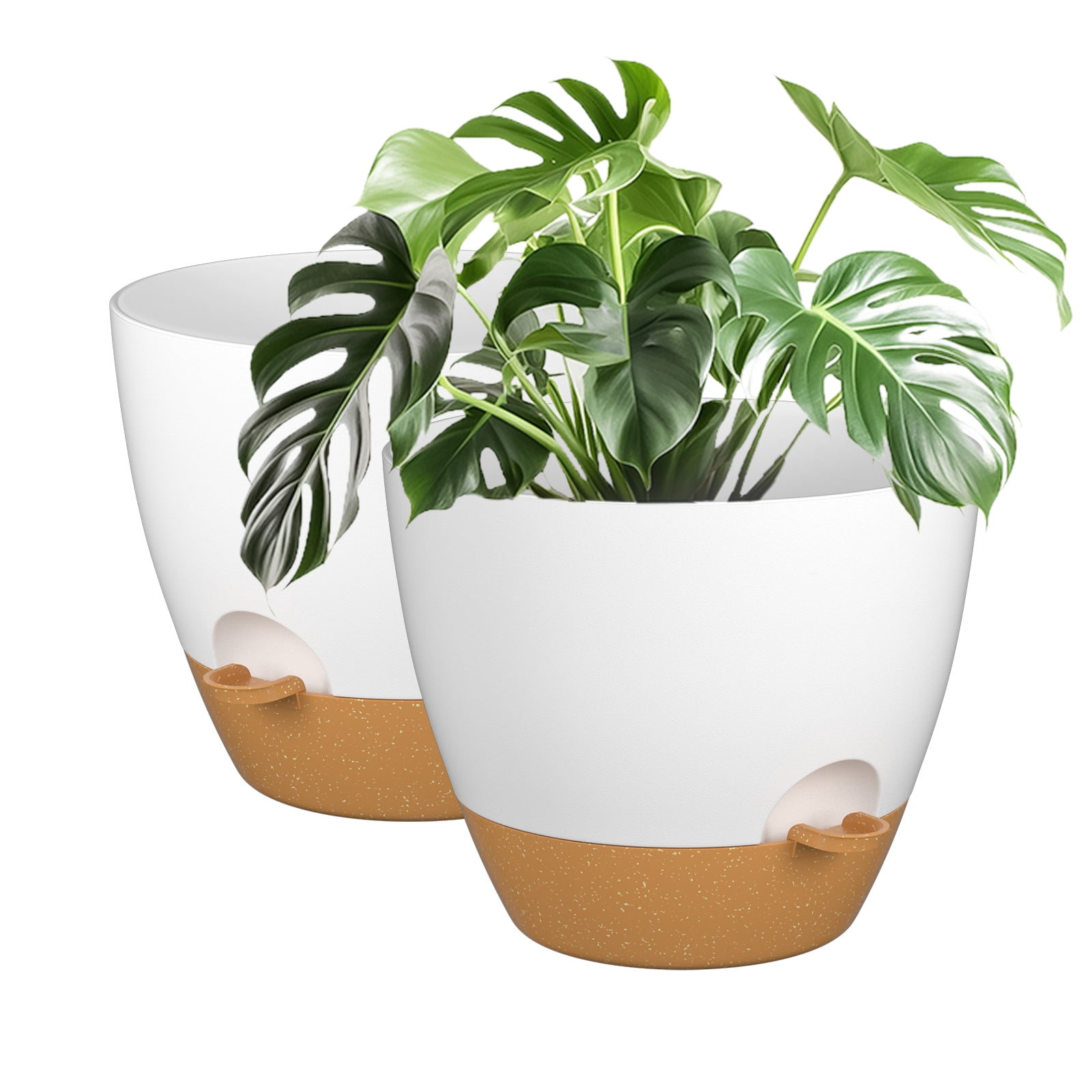 FIASON 2 Pack White with Brown 10 Inch Plastic Self-Watering Plant Pots ...