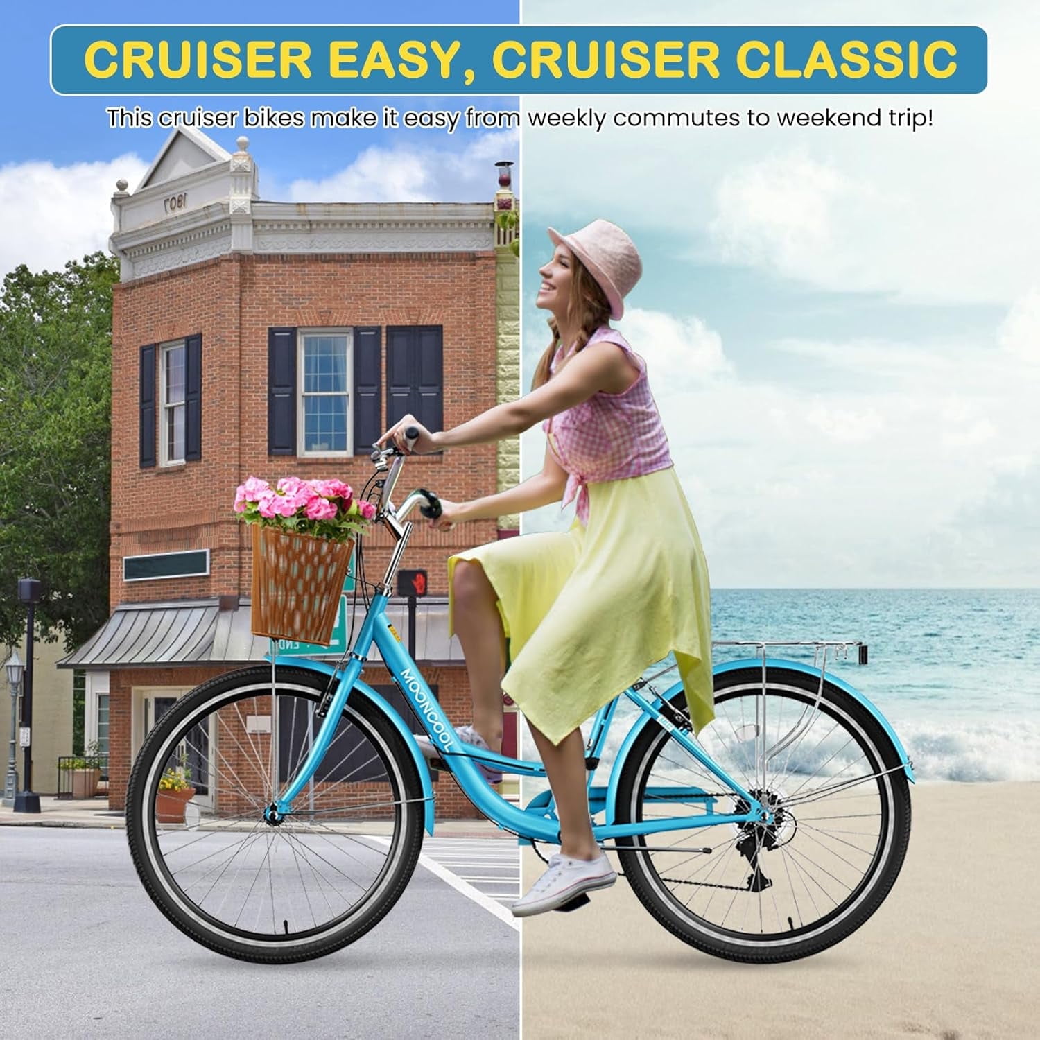 FICISOG 7 Speed Womens Bike with Rattan Basket & Lock, 24/26 inch Beach ...