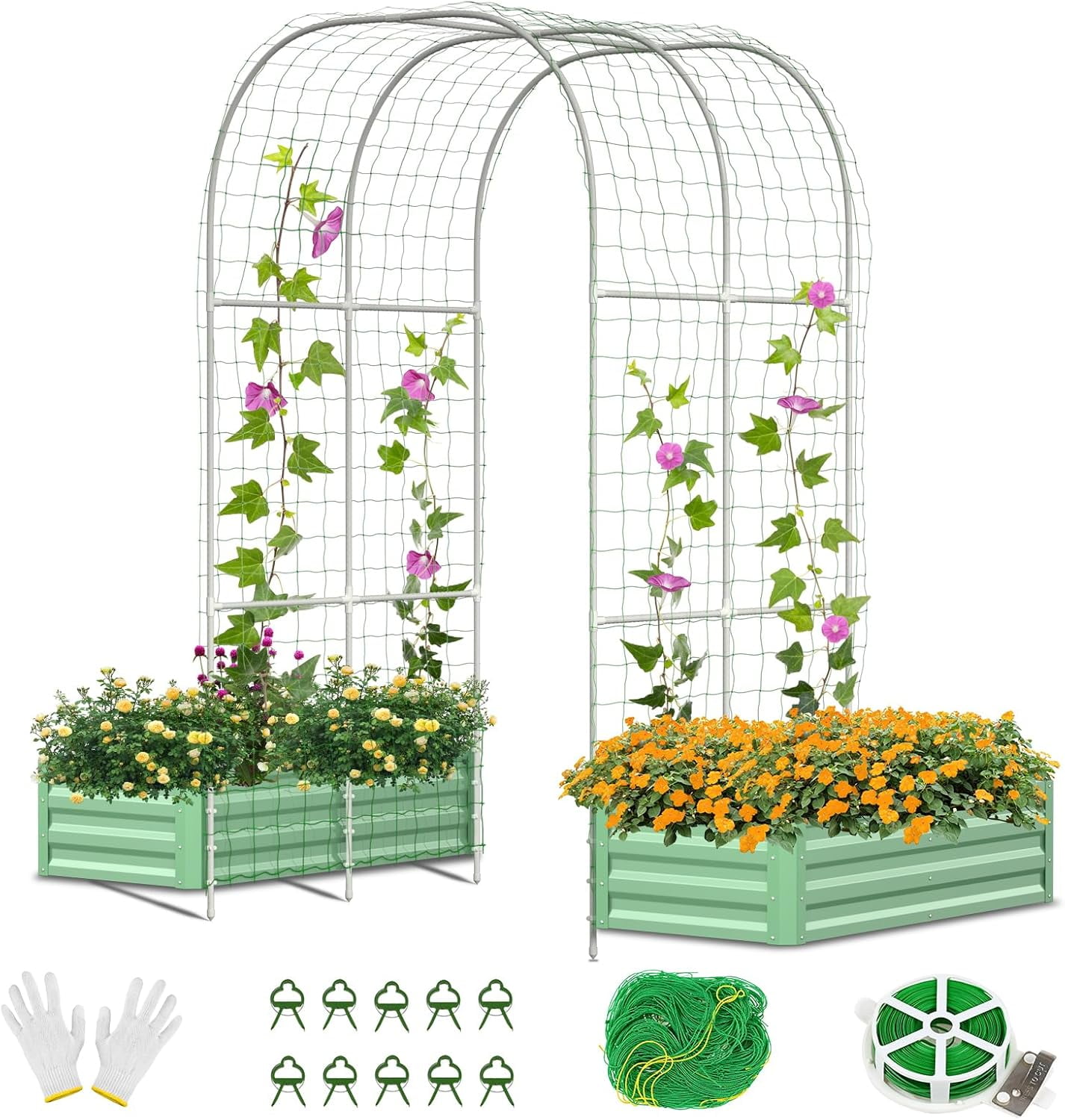 FICISOG Galvanized Raised Garden Bed with 87" H Arch Trellis and ...