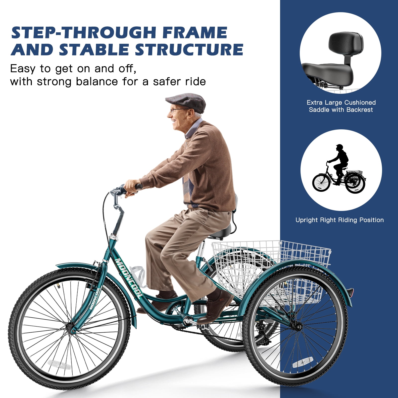 FICISOG Adult Tricycles for Men, 26 Inch 7 Speed 3 Wheel Bike for Adult ...