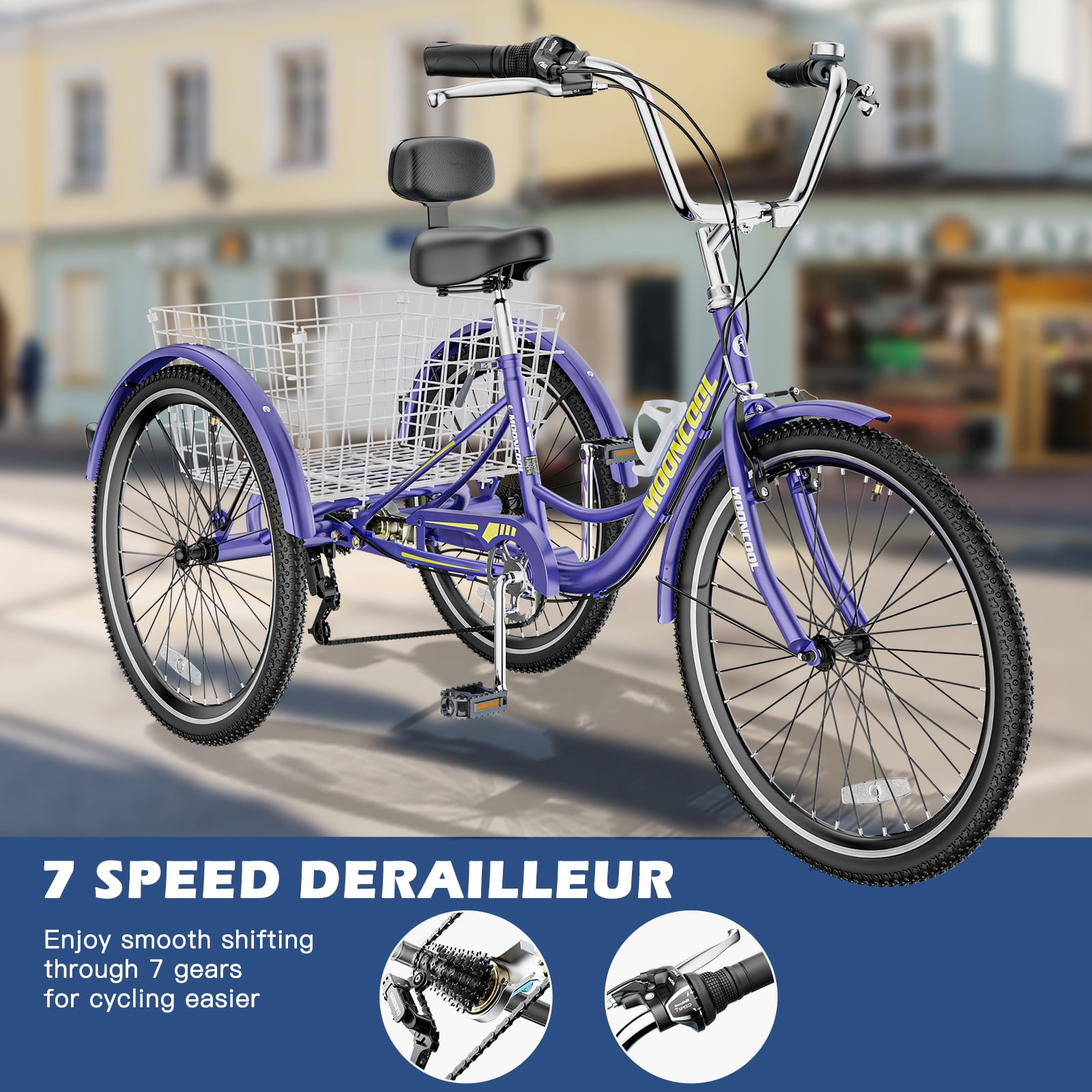 Ficisog Adult Tricycle, 24 Inch 7 Speed Cruiser Trike with Large Basket ...