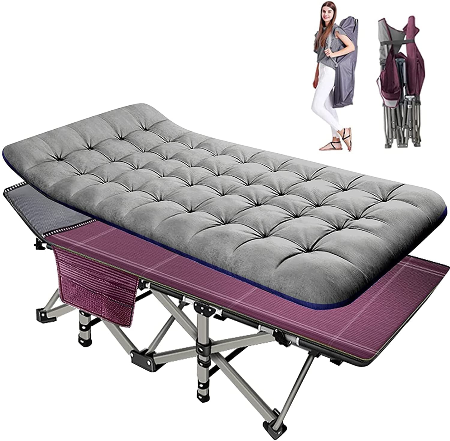 FICISOG Adults Camping Cot, Folding Cot Bed with 3 " Detachable ...
