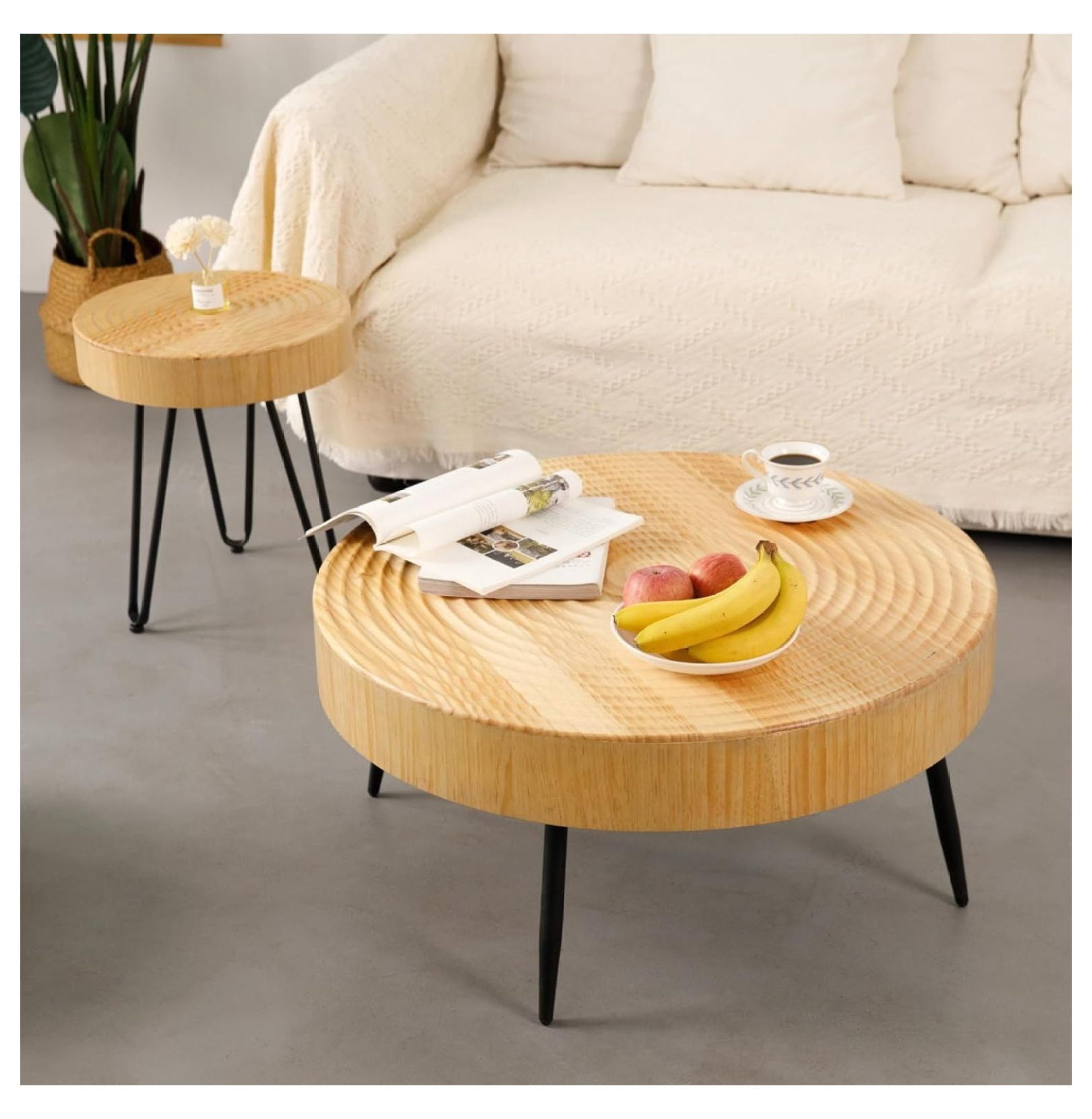 FIDROOM ﻿Round Wood Coffee Table Set of 2, Farmhouse Nesting Table w ...