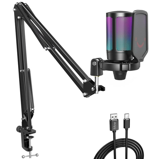 FIFINE Gaming Microphone with Boom Arm Stand for PC PS5,USB Streaming ...
