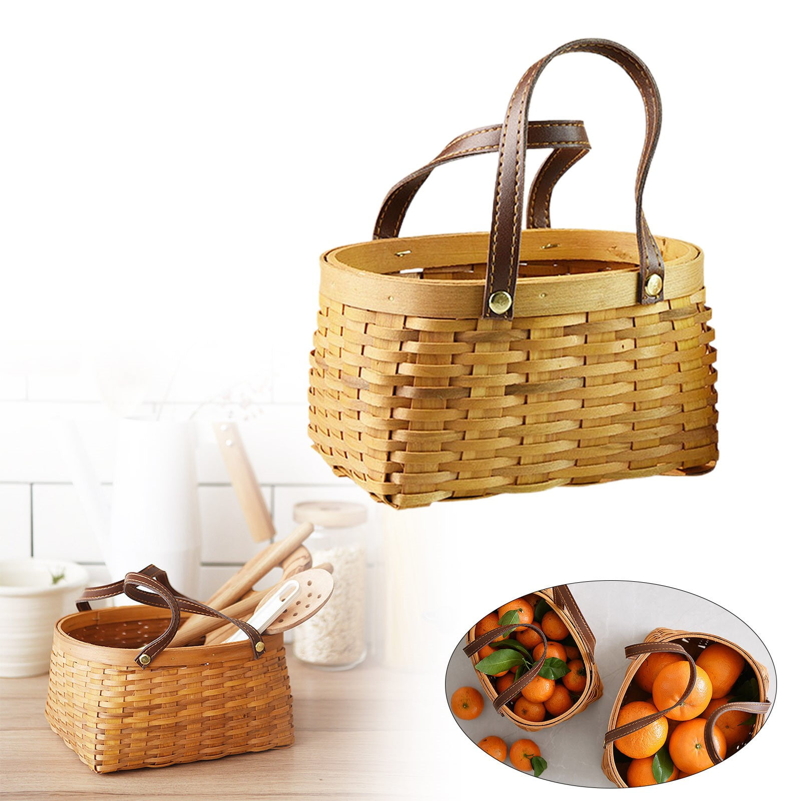 FIGHTY Hanging Wicker Basket Hand Woven Wood Storage Basket Portable ...