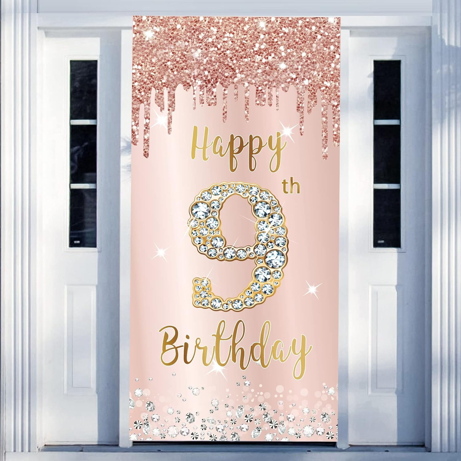 FIGT-9th Birthday Door Banner Decorations for Girls, Pink Rose Gold ...