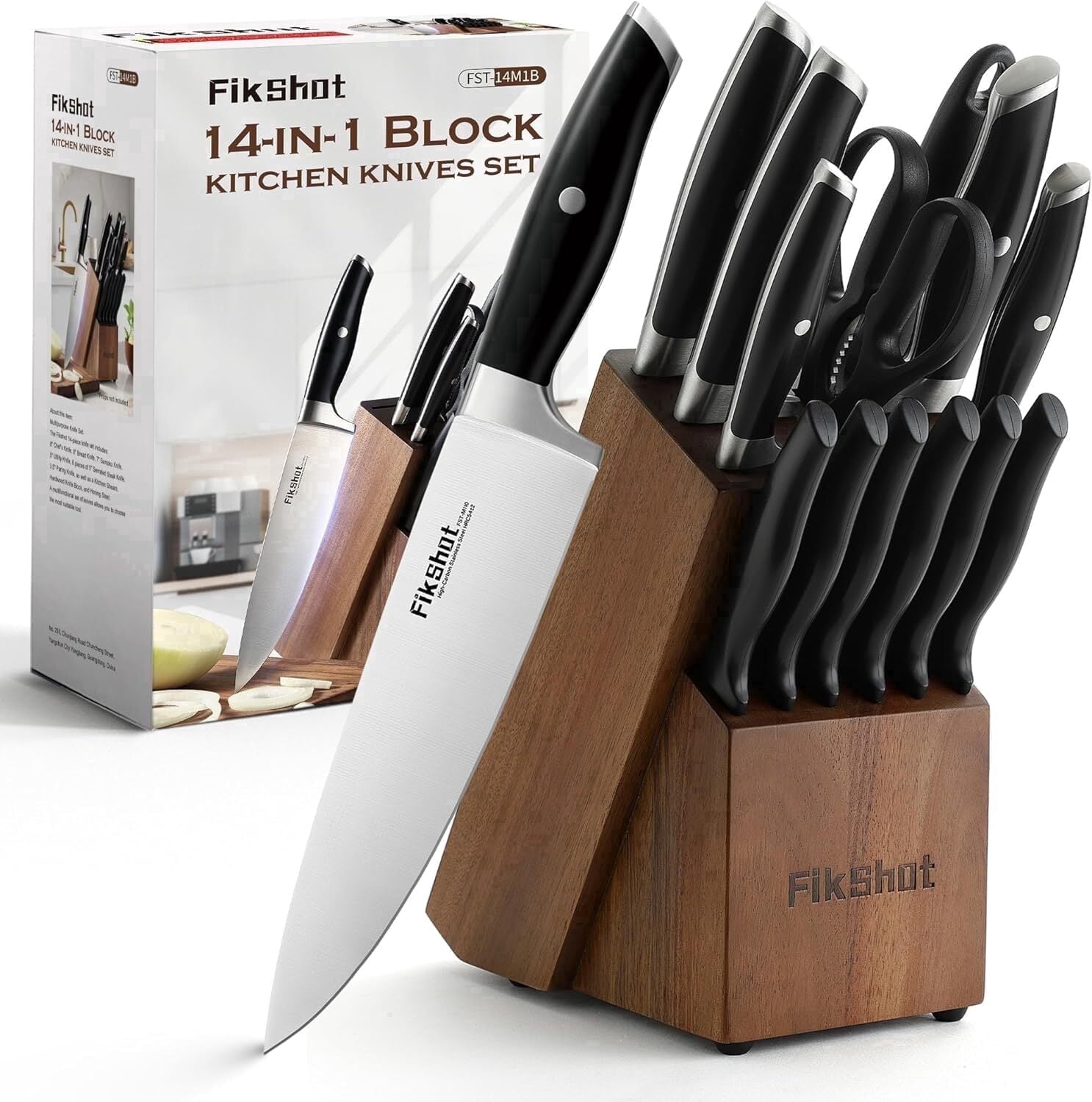 Fikshot 14-Piece Kitchen Knife Set with Sharpener, Stainless Steel ...