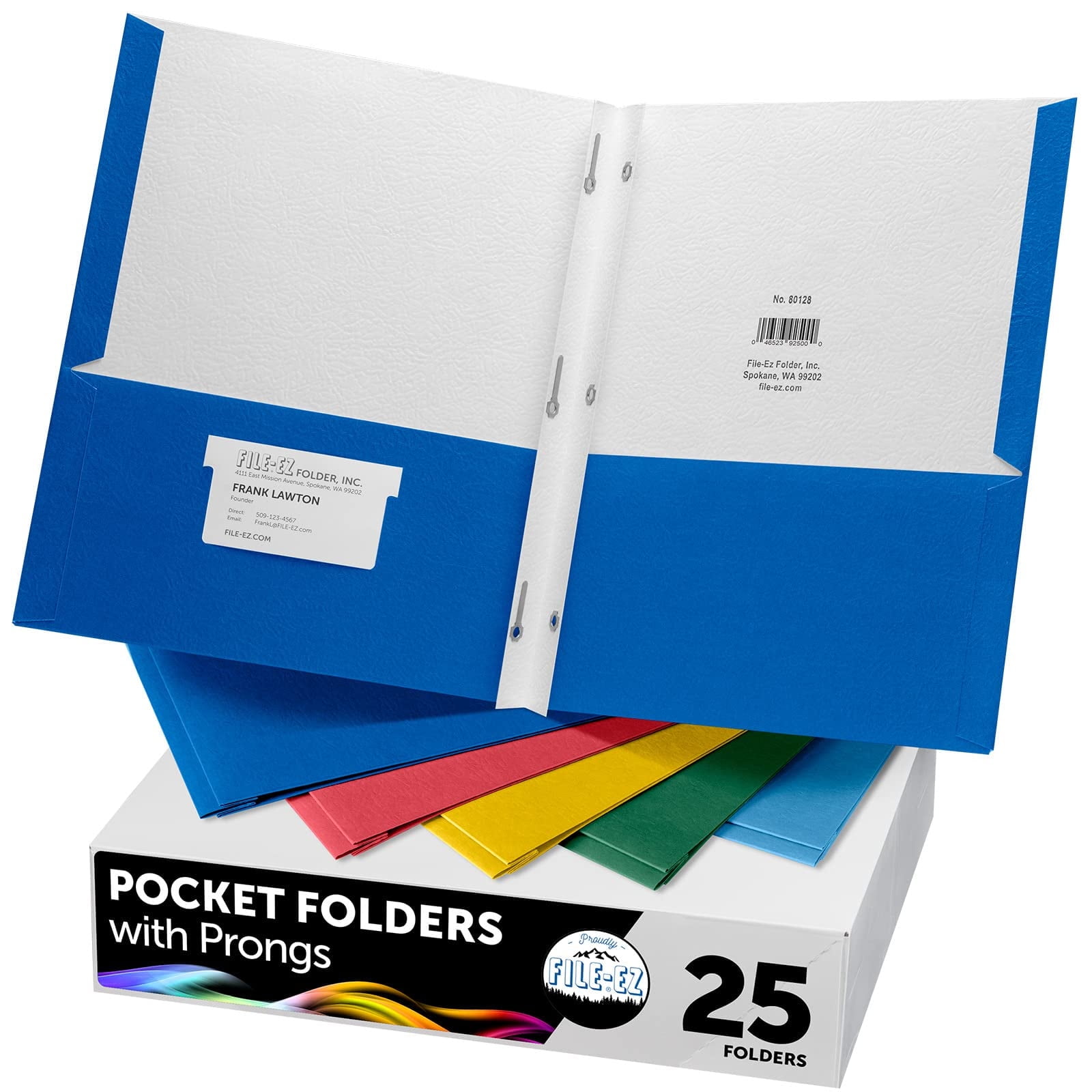 FILE-EZ Two-Pocket Folders with 3-Prong Fasteners, Assorted Colors, 25 ...