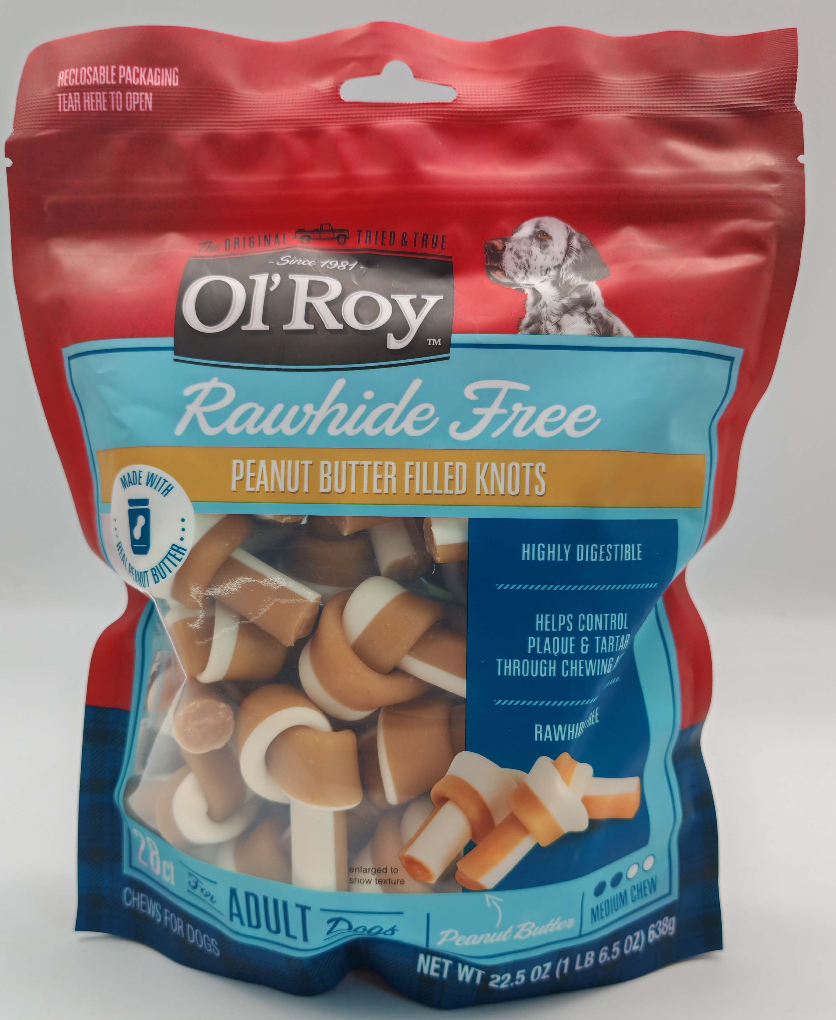 Ol' Roy Rawhide Free Peanut Butter Filled Knots, 22.5 oz Bag, 28 Count ...