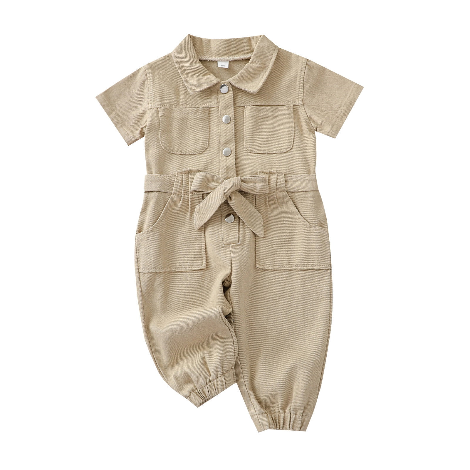 FINALGANG Baby Boy Girl Romper Solid Color Collared Jumpsuit With Belt ...