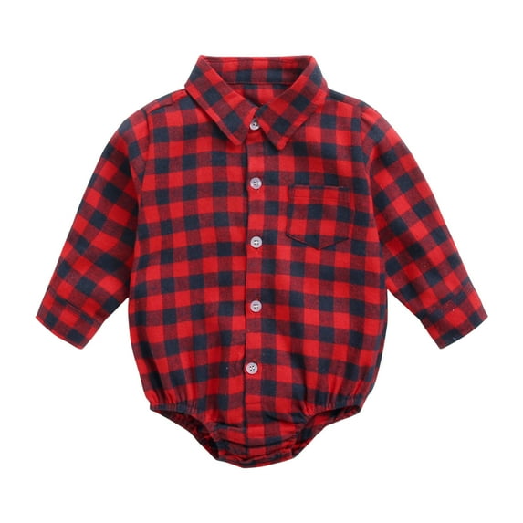 FINALGANG Baby Boys Girls Romper Patchwork Plaid Long Sleeve Lapel ...