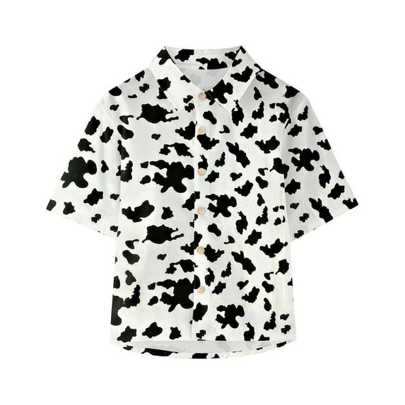 FINALGANG Boy's Shirt Spring Kids Cow Print Collared Shirt Short Sleeve ...