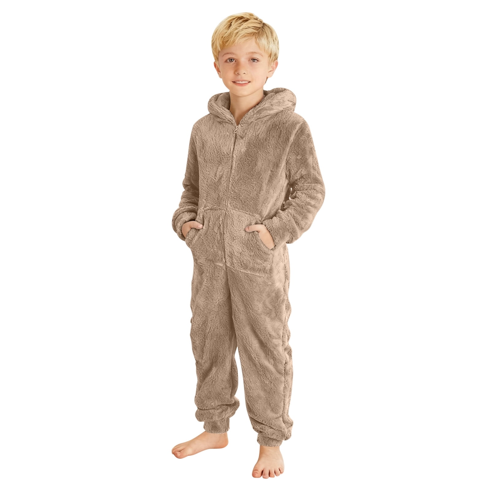 FINALGANG Boys Girls Plush Onesie Warm Solid Color Long Sleeve Hooded ...