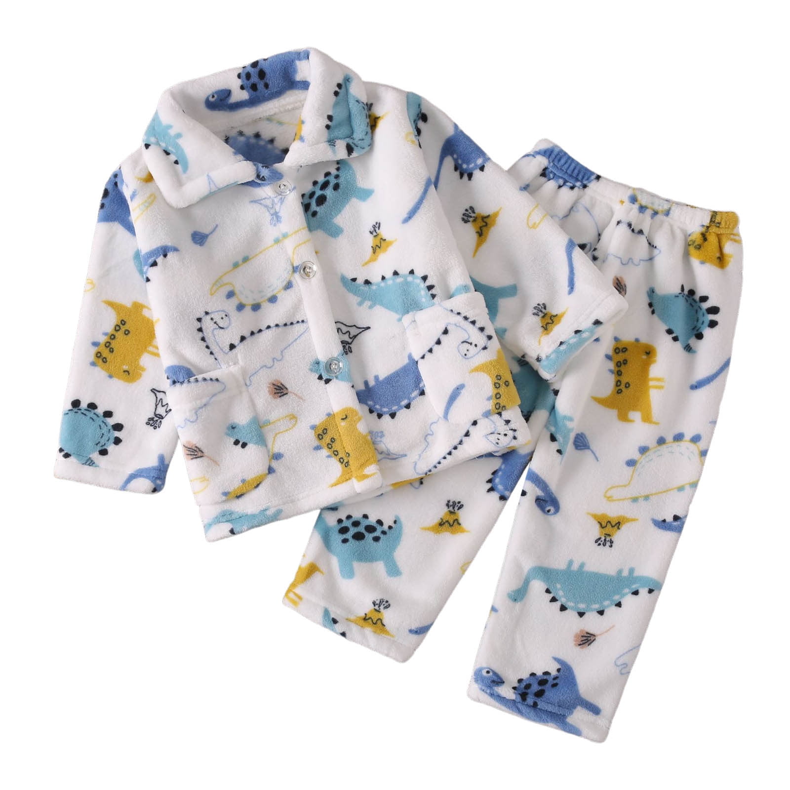 FINALGANG Boys Kids Plush Cartoon Homewear Set Long Sleeve Button Front ...