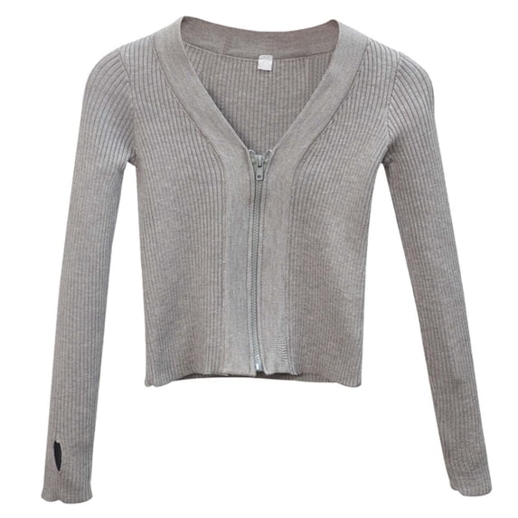 FINALGANG Girl's Cropped Cardigan Solid Color Slim Fit Ribbed Top Long ...