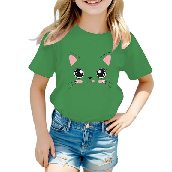 FINALGANG Girl's T-Shirt Kids Cartoon Cat Face Graphic Tees Short ...