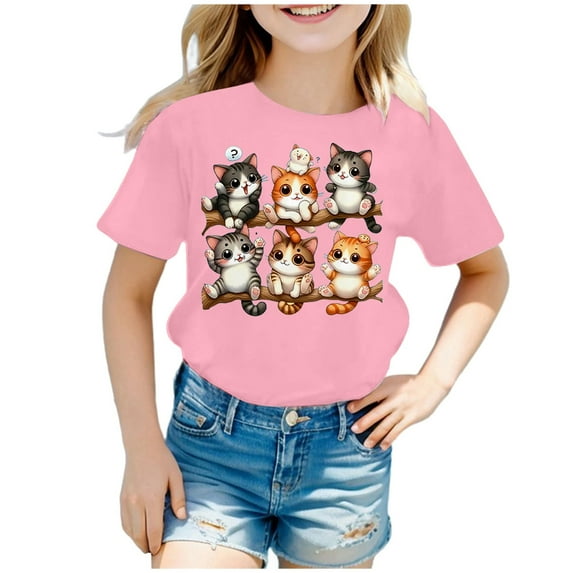 FINALGANG Girl's T-Shirt Kids Cartoon Cat Pattern Relaxed Fit Tees ...