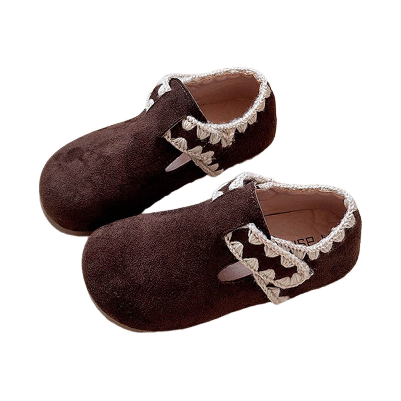 FINALGANG Girls Brown Suede Shoes Crochet Trim Soft Adjustable Fit Cute ...