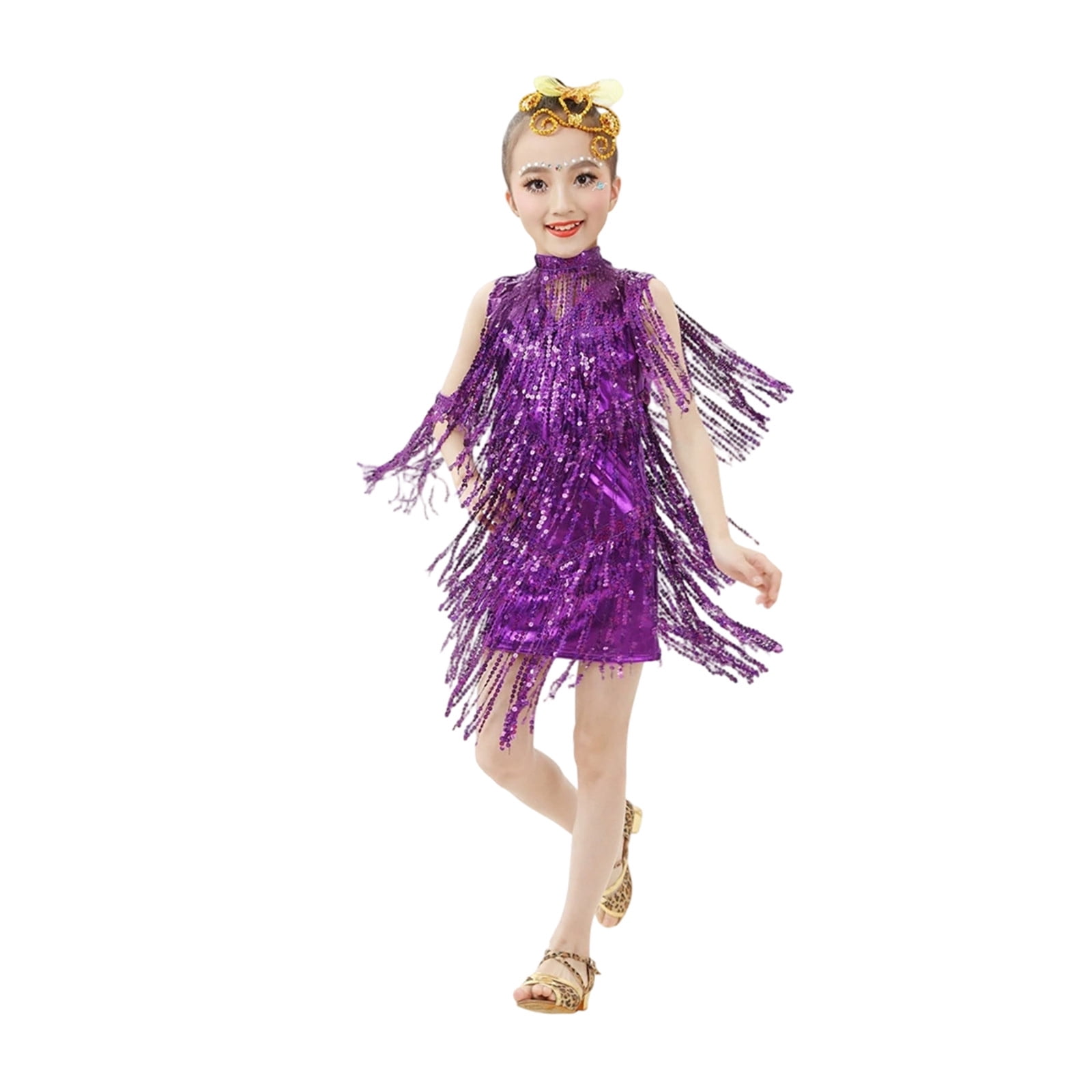 FINALGANG Girls Carnival Dress Kids Solid Color Sequin Fringe Dance ...