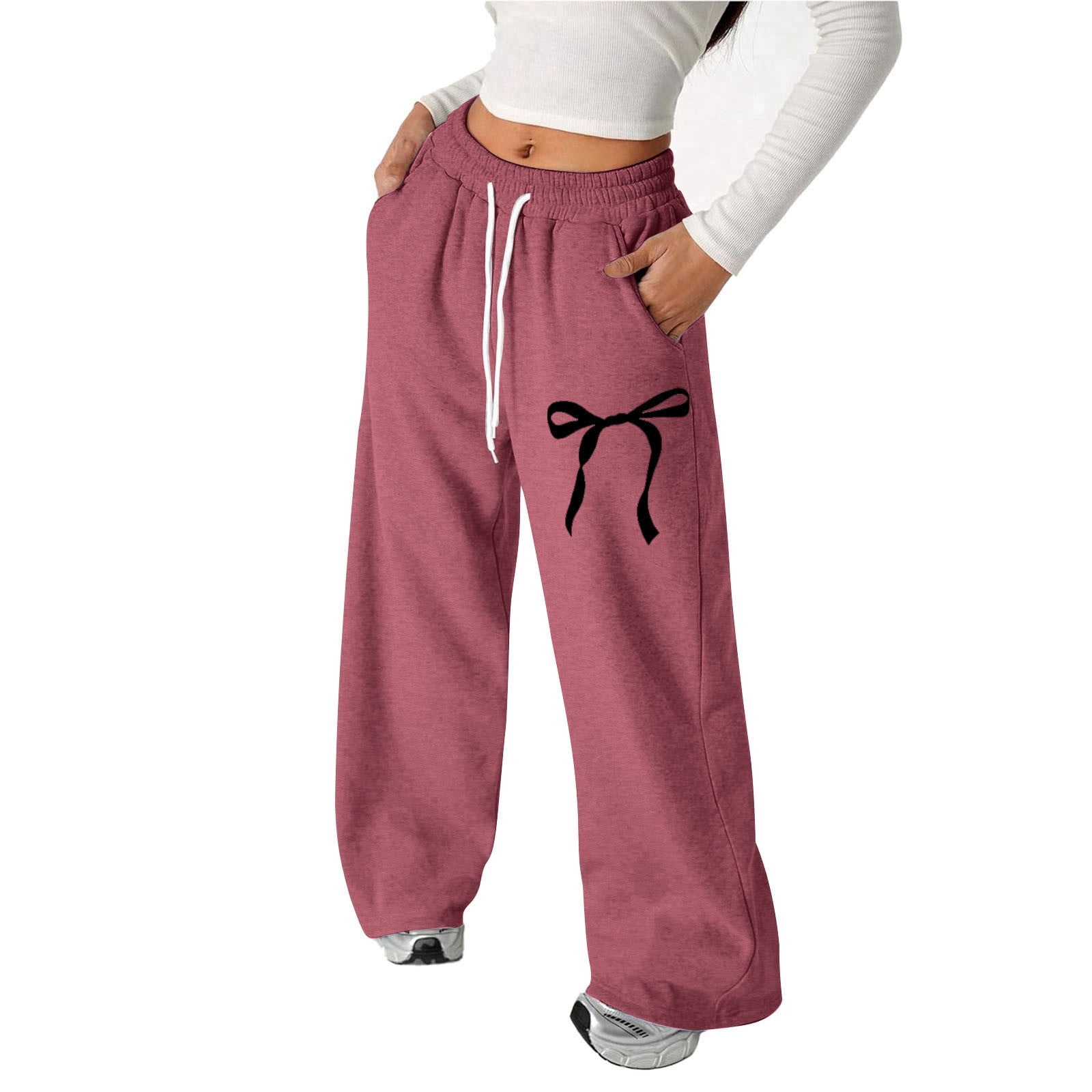 FINALGANG Girls Casual Sweatpants Kids Bow Print Wide Leg Drawstring ...