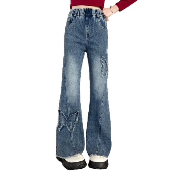 FINALGANG Girls Kids Elastic Waist Flared Jeans With Butterfly Patches ...