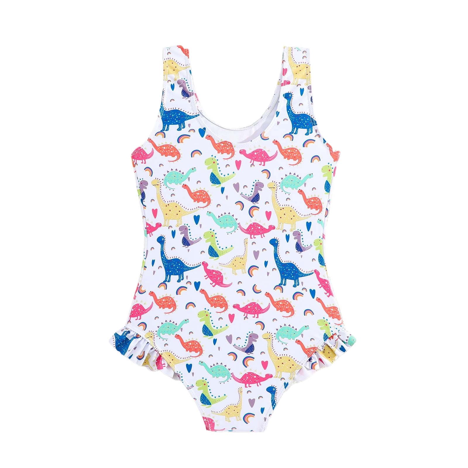 FINALGANG Girls Onesie Swimsuit Kids Dinosaur Print Sleeveless Ruffle ...