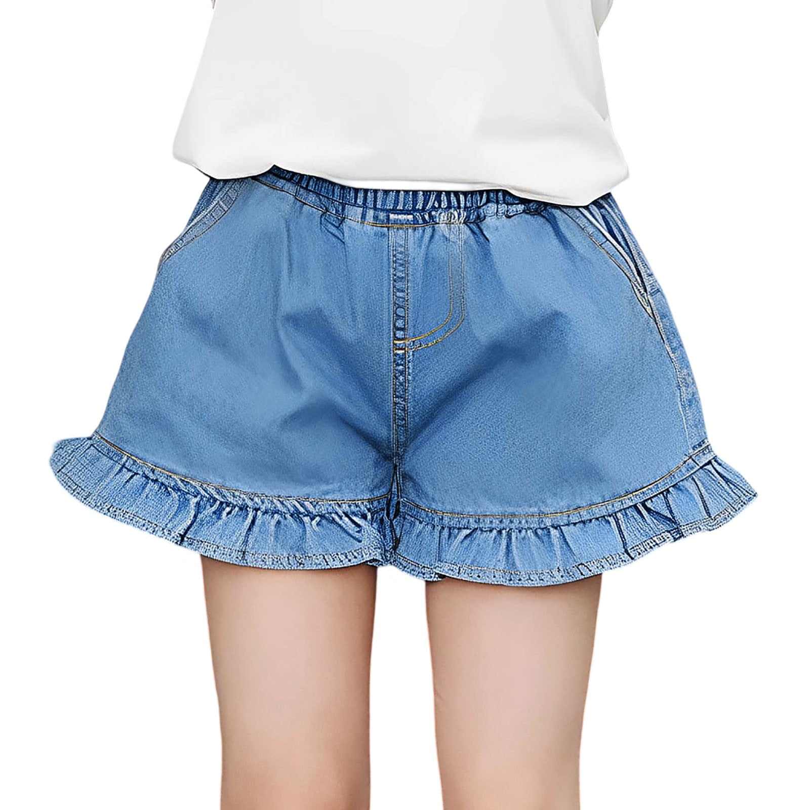 FINALGANG Girls' Pants Kids Summer Lightweight Ruffle Trim Denim Shorts ...